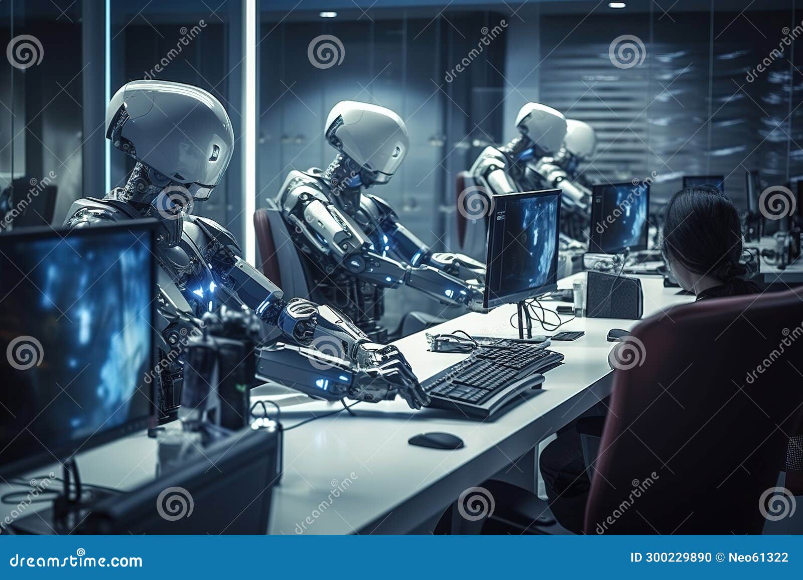 AI Robots Using Multiple Computers Working Monitoring Data in Office Generative AI Stock ...
