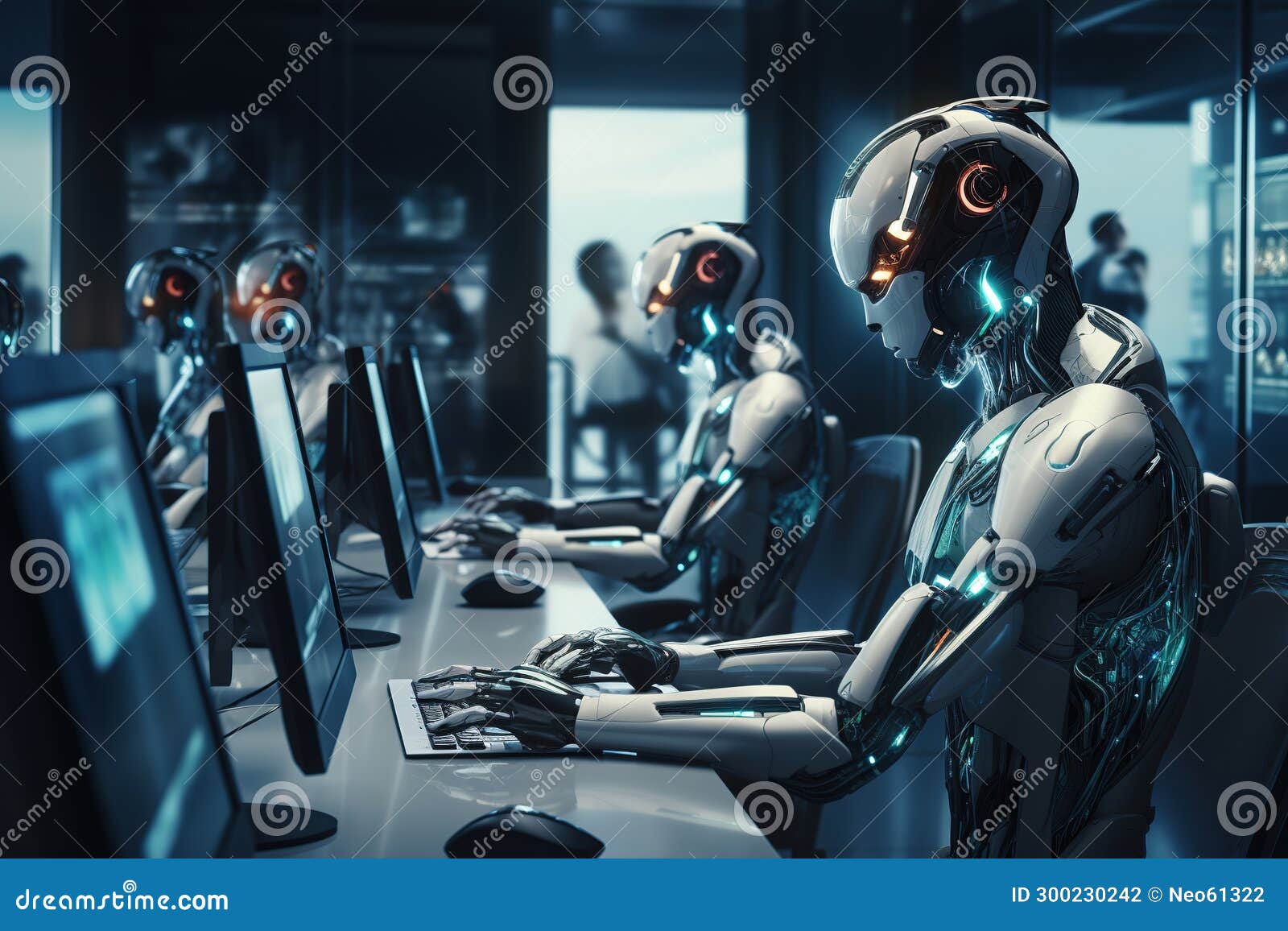 AI Robots Using Multiple Computers Working Monitoring Data in Office Generative AI Stock ...