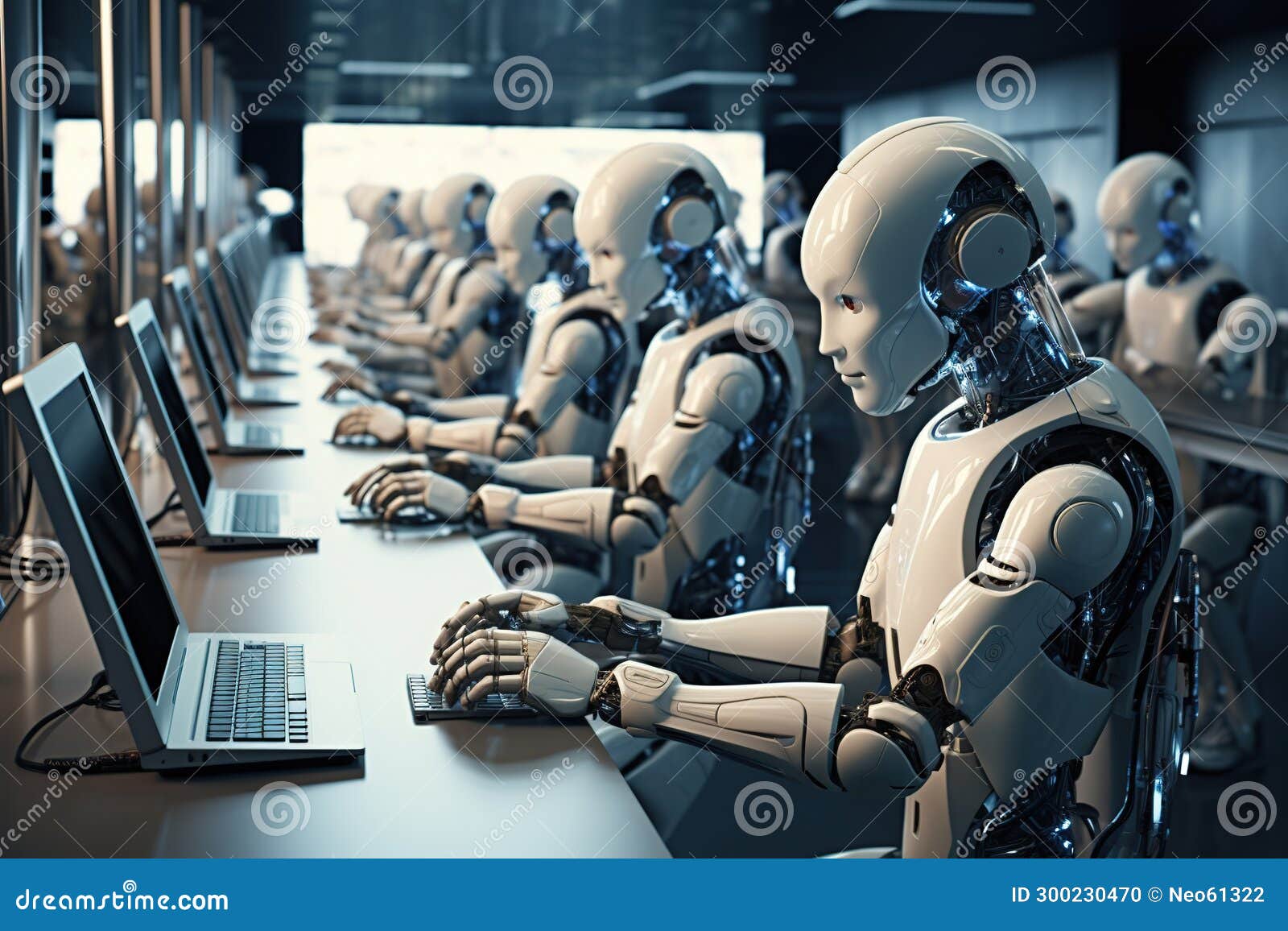 Ai Robots Using Multiple Computers Working Monitoring Data In Office Generative Ai Stock