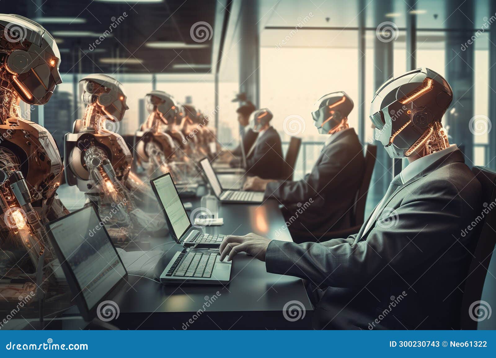 AI Robots Using Multiple Computers Working Monitoring Data in Office Generative AI Stock ...