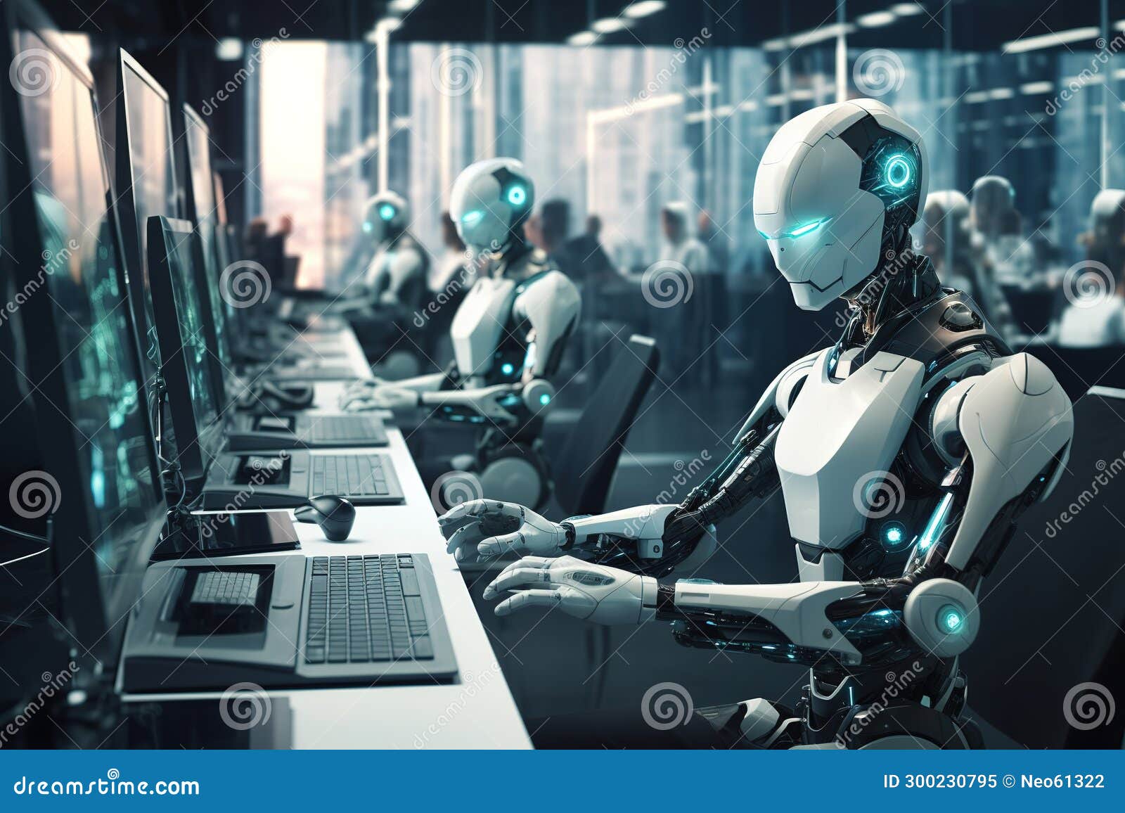 Ai Robots Using Multiple Computers Working Monitoring Data In Office Generative Ai Stock