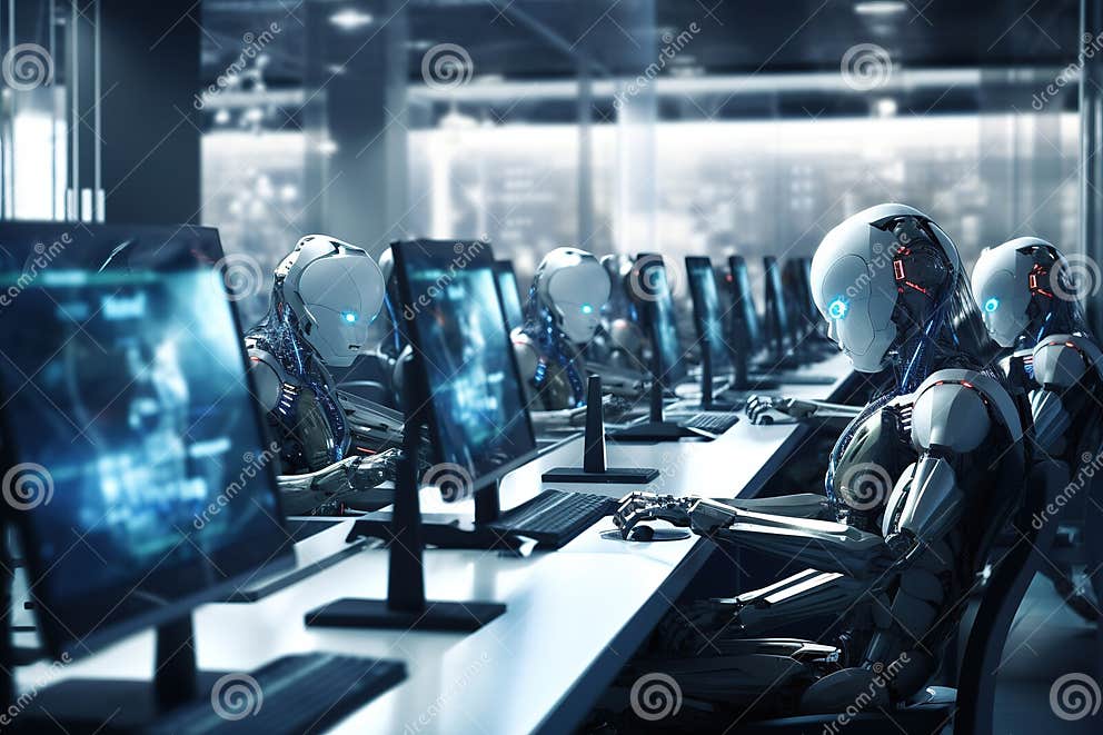 AI Robots Using Multiple Computers Working Monitoring Data in Office Generative AI Stock ...