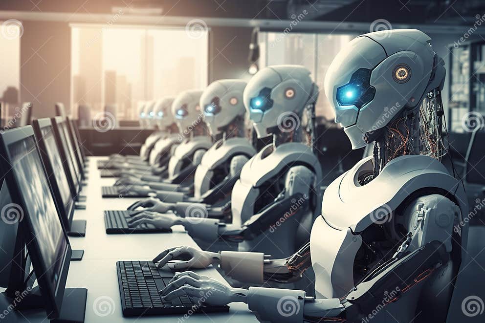 AI Robots Using Multiple Computers Working Monitoring Data in Office Generative AI Stock ...