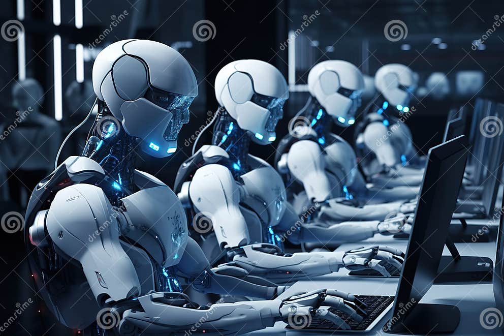 AI Robots Using Multiple Computers Working Monitoring Data in Office Generative AI Stock ...