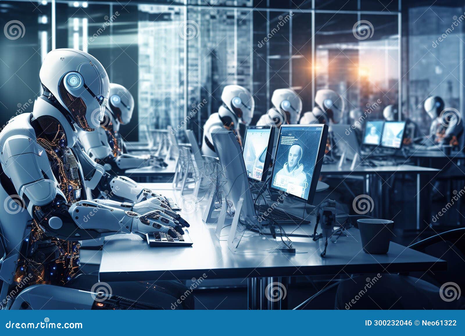 AI Robots Using Multiple Computers Working Monitoring Data in Office ...