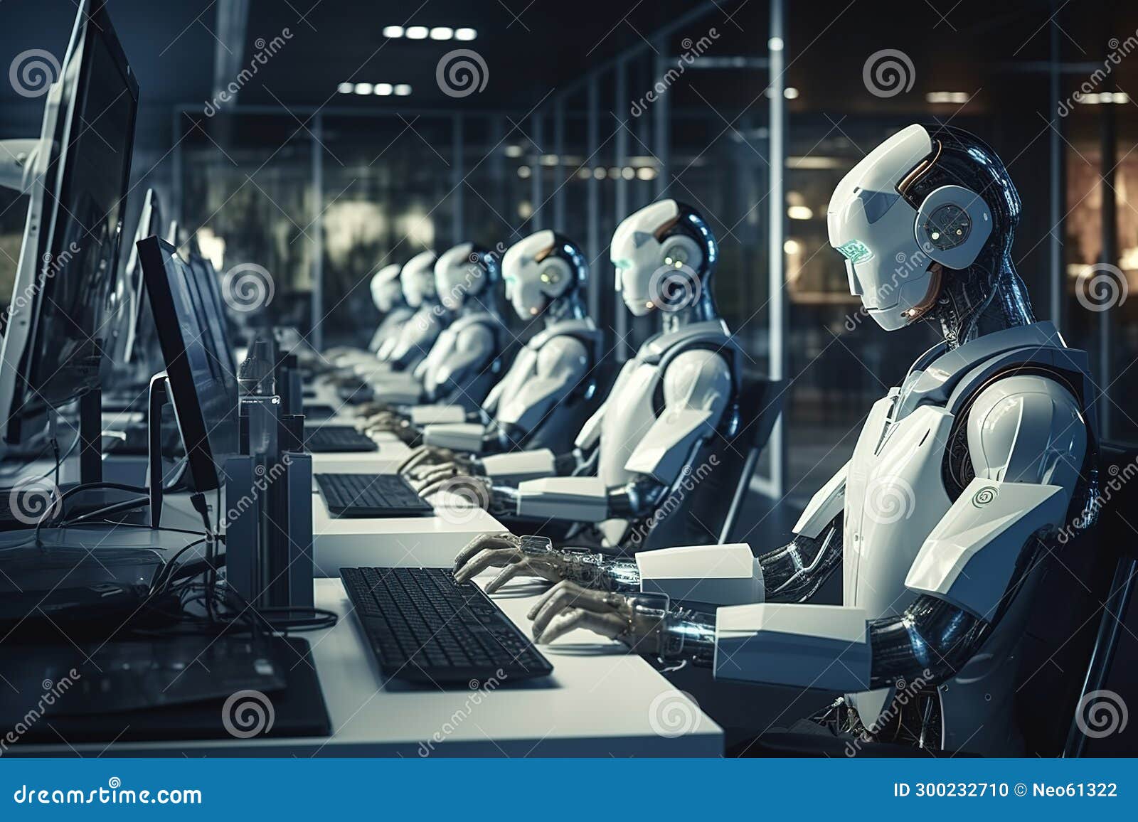 Ai Robots Using Multiple Computers Working Monitoring Data In Office Generative Ai Stock