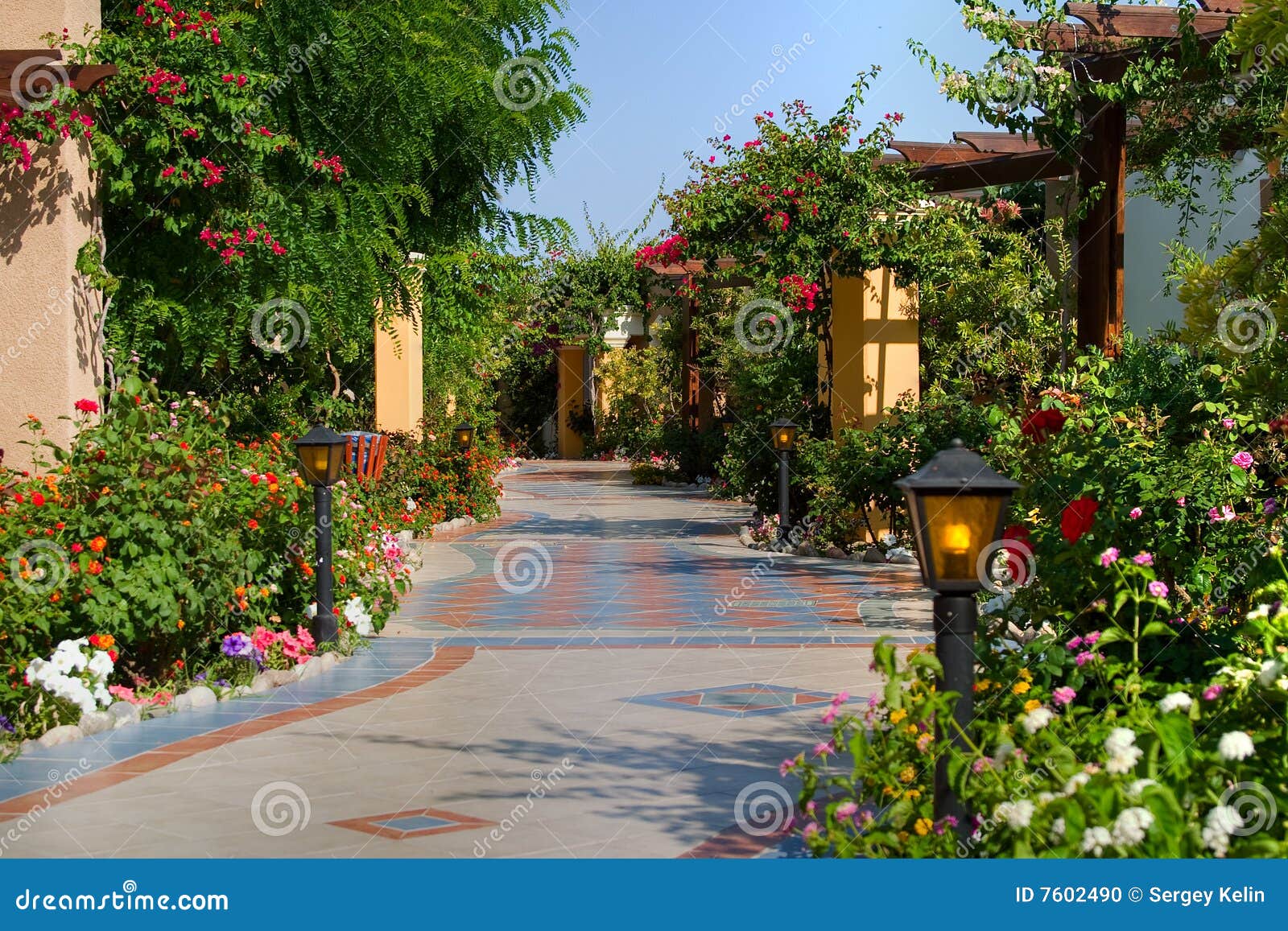 Beautiful alley stock photo. Image of plants, hotel, lamp - 7602490