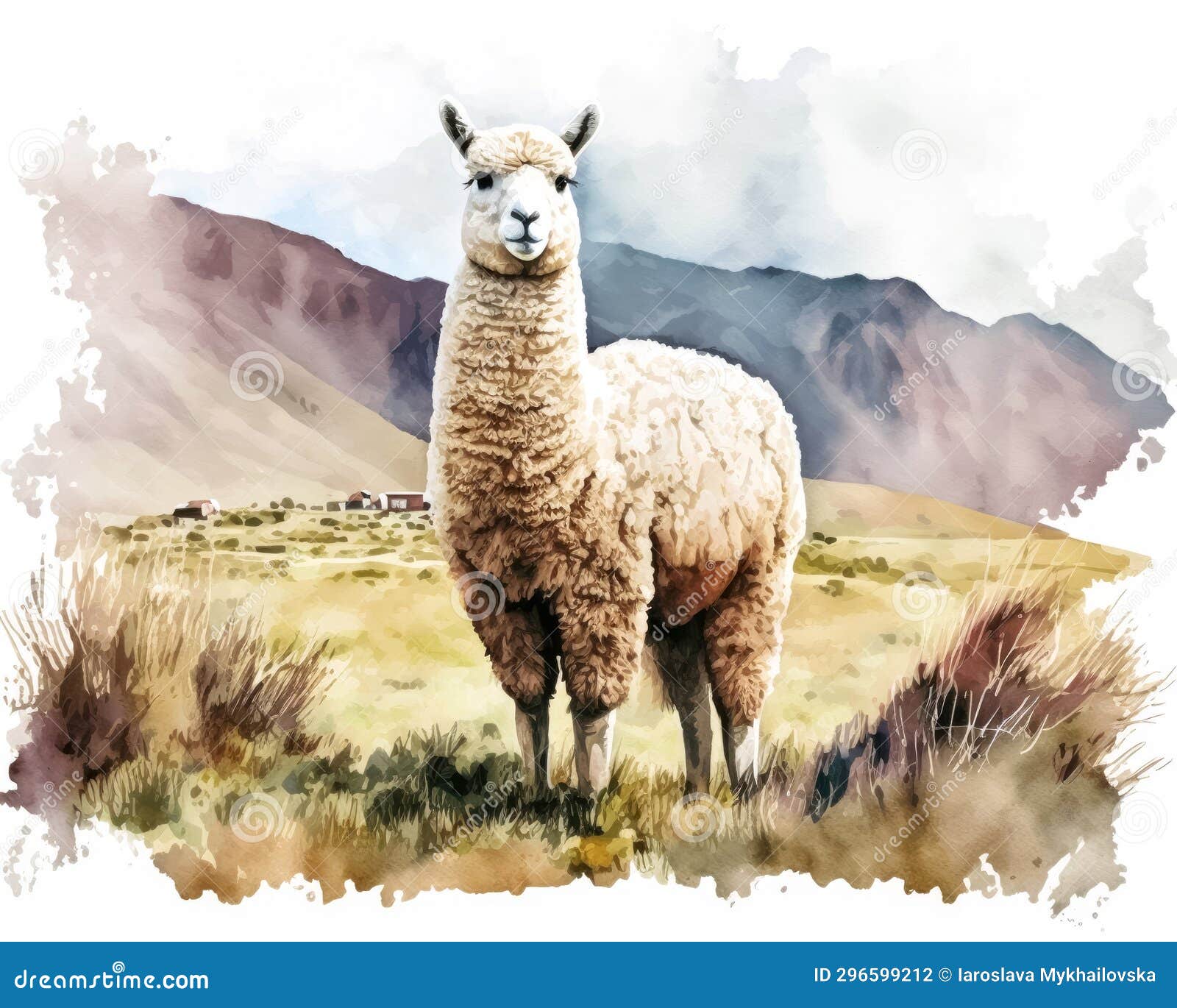 Beautiful Alpaca in the Field, Watercolor. Stock Illustration ...