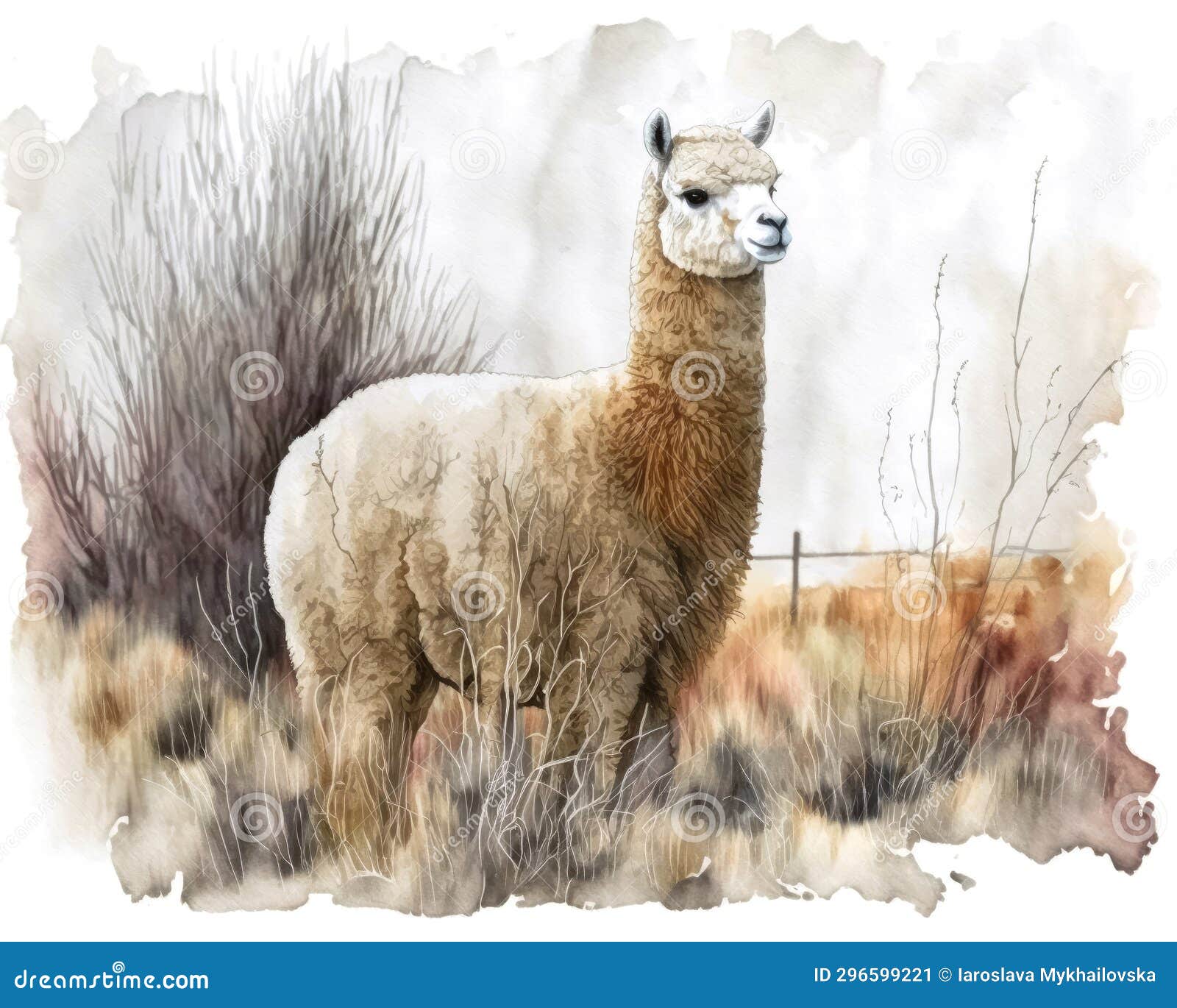 Beautiful Alpaca in the Field, Watercolor. Stock Illustration ...