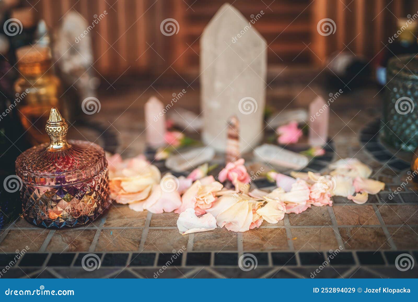 Beautiful Altar with Crystals and Rose Flowers. Stock Image - Image of ...