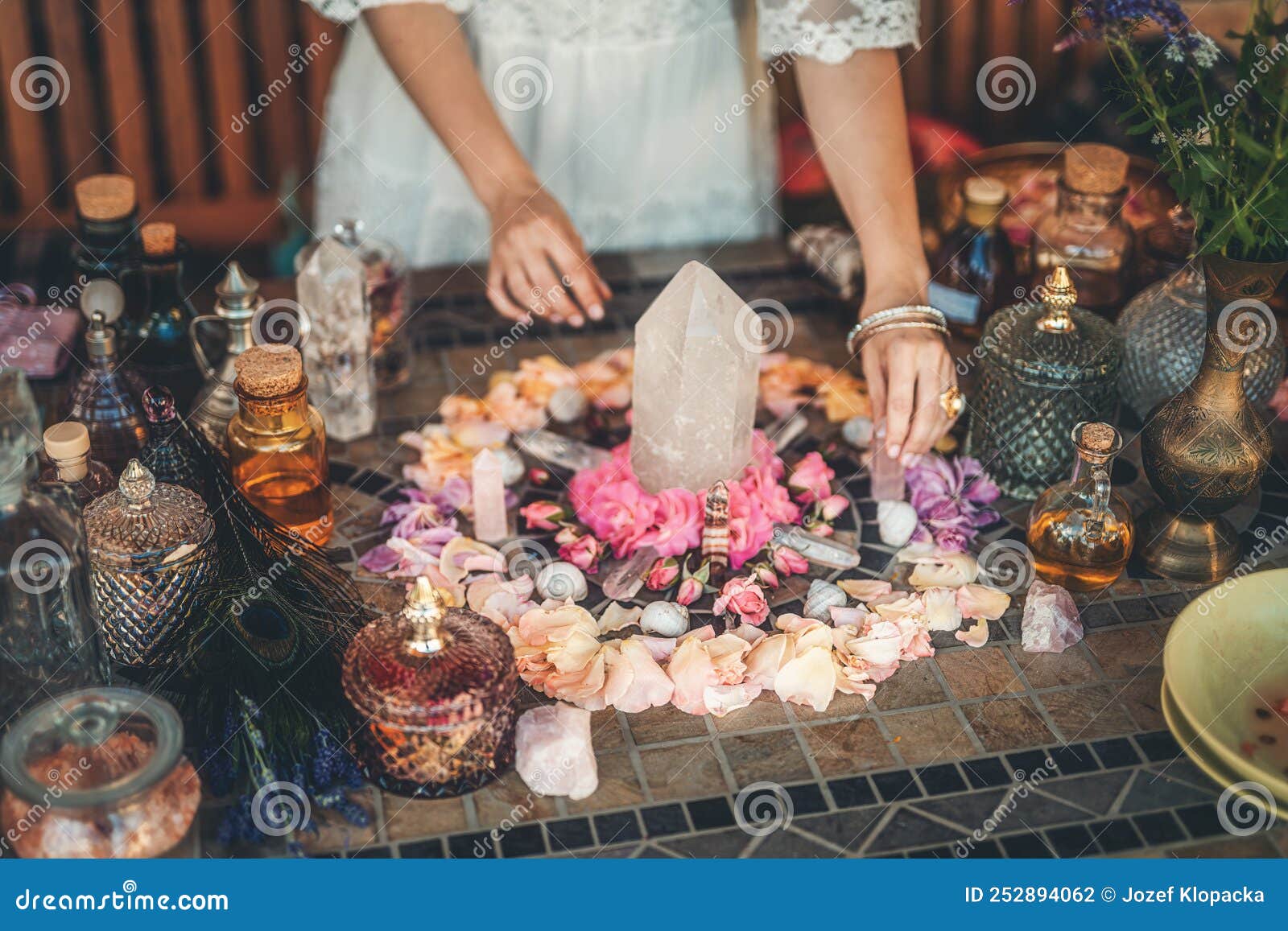 Beautiful Altar with Crystals and Rose Flowers. Stock Photo - Image of ...