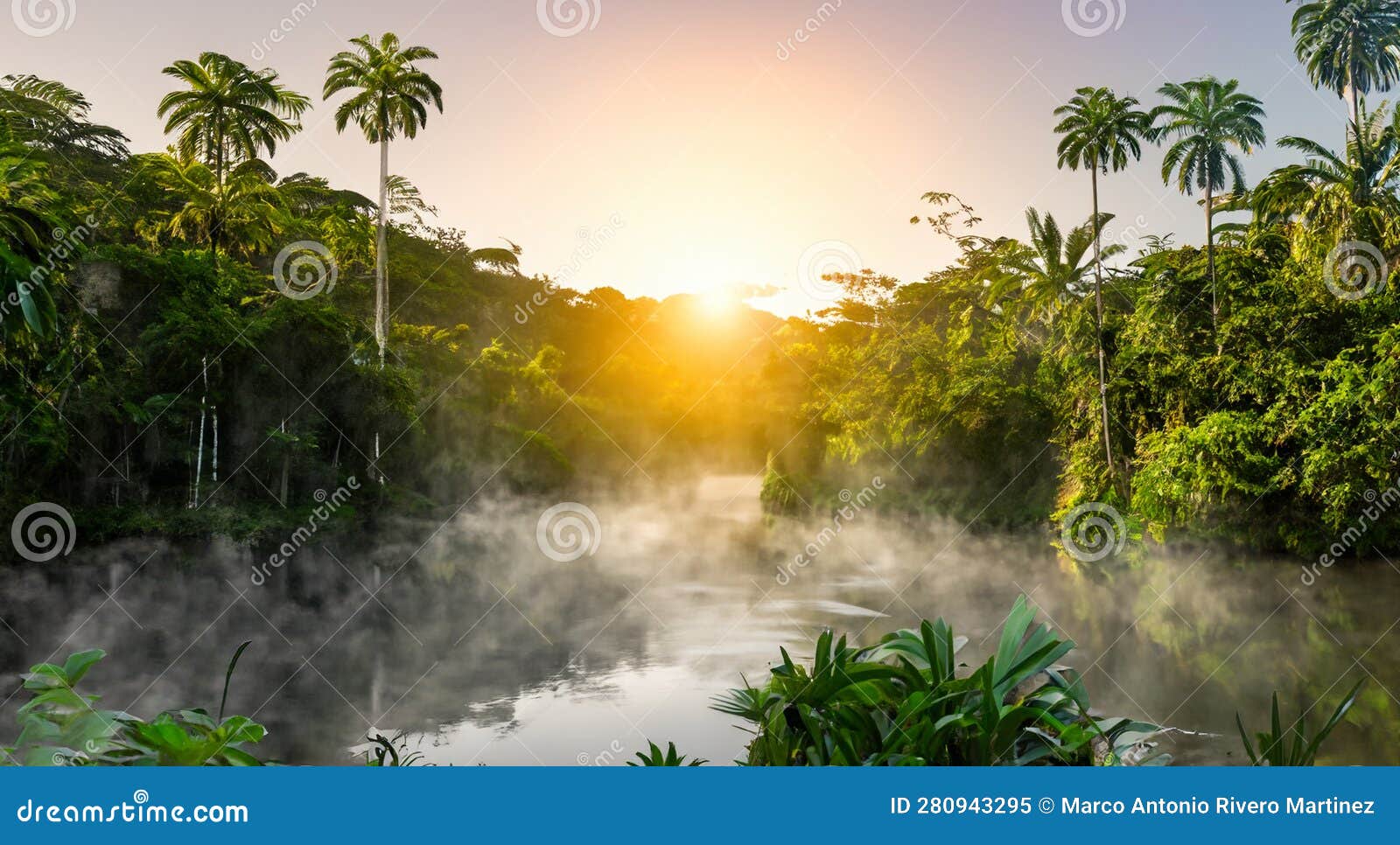 Beautiful Amazon River with Mist Stock Illustration - Illustration of ...