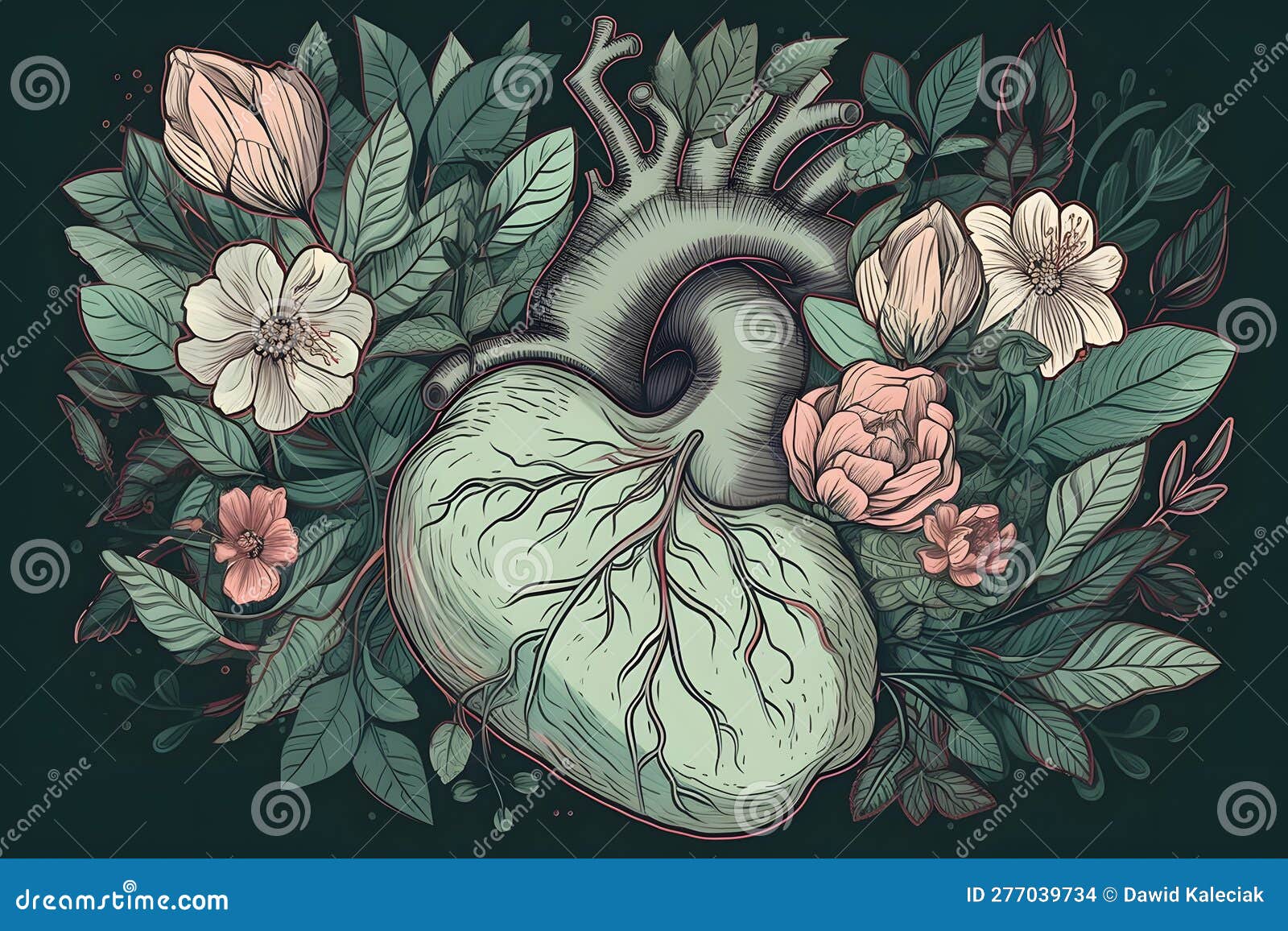 Beautiful Anatomic Heart with Flowers and Leaves. Stock Photo - Image ...