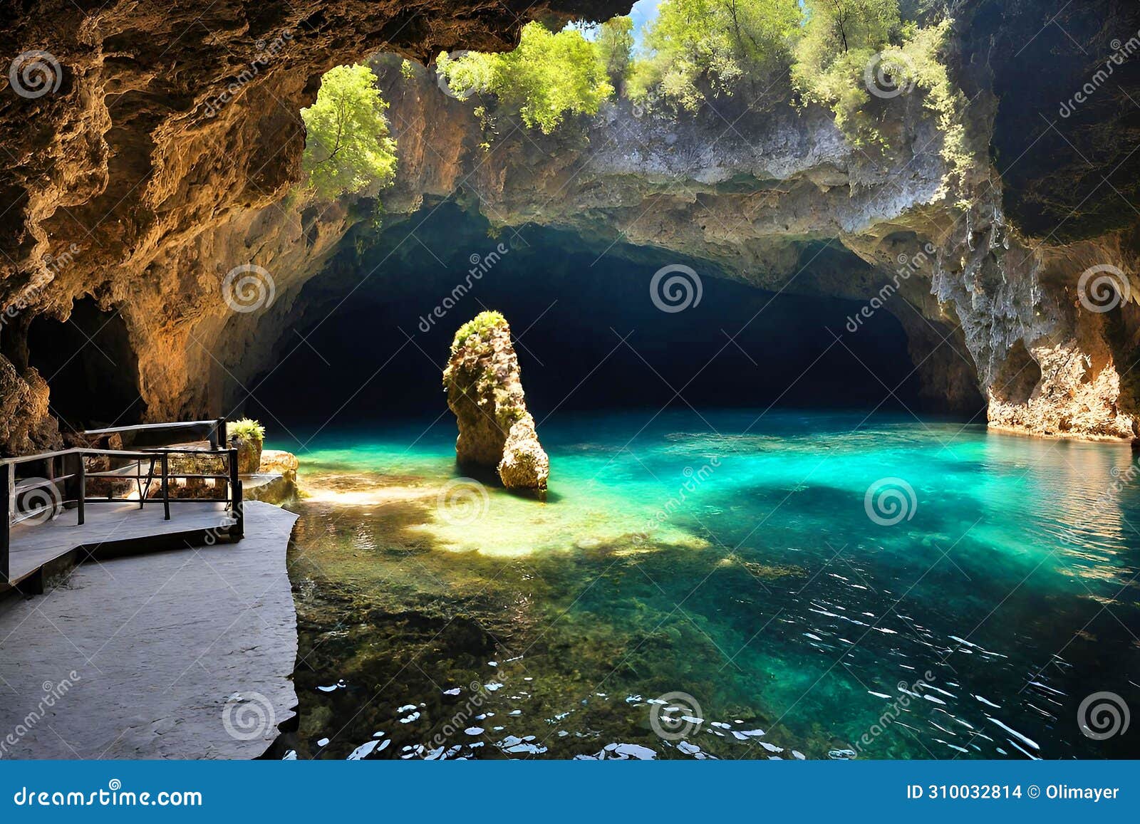 Ancient Cave Landscape with Crystal Clear Water. Stock Illustration ...