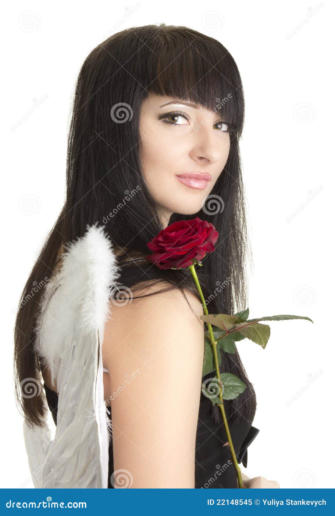 Beautiful Angel Woman with Rose Stock Image - Image of brunette, heart ...