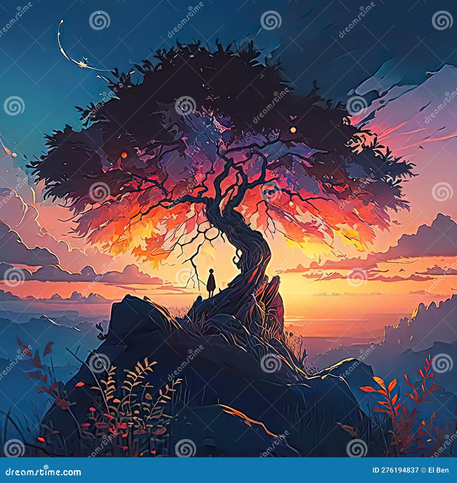 Beautiful Anime Sunset Scenery with a Tree on Top of the Hill Stock ...