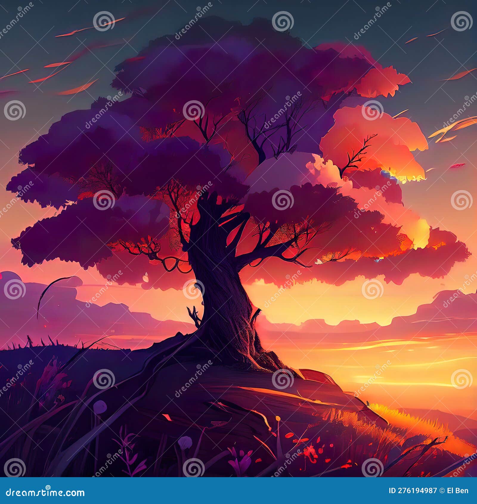 Beautiful Anime Sunset Scenery with a Tree on Top of the Hill Stock ...