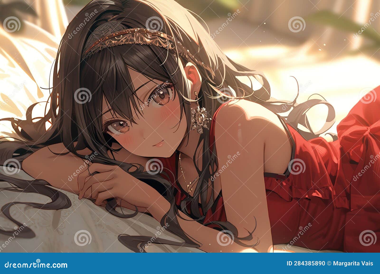 Beautiful Anime Woman With Black Hair In A Red Dress Lies On The Bed Stock Illustration