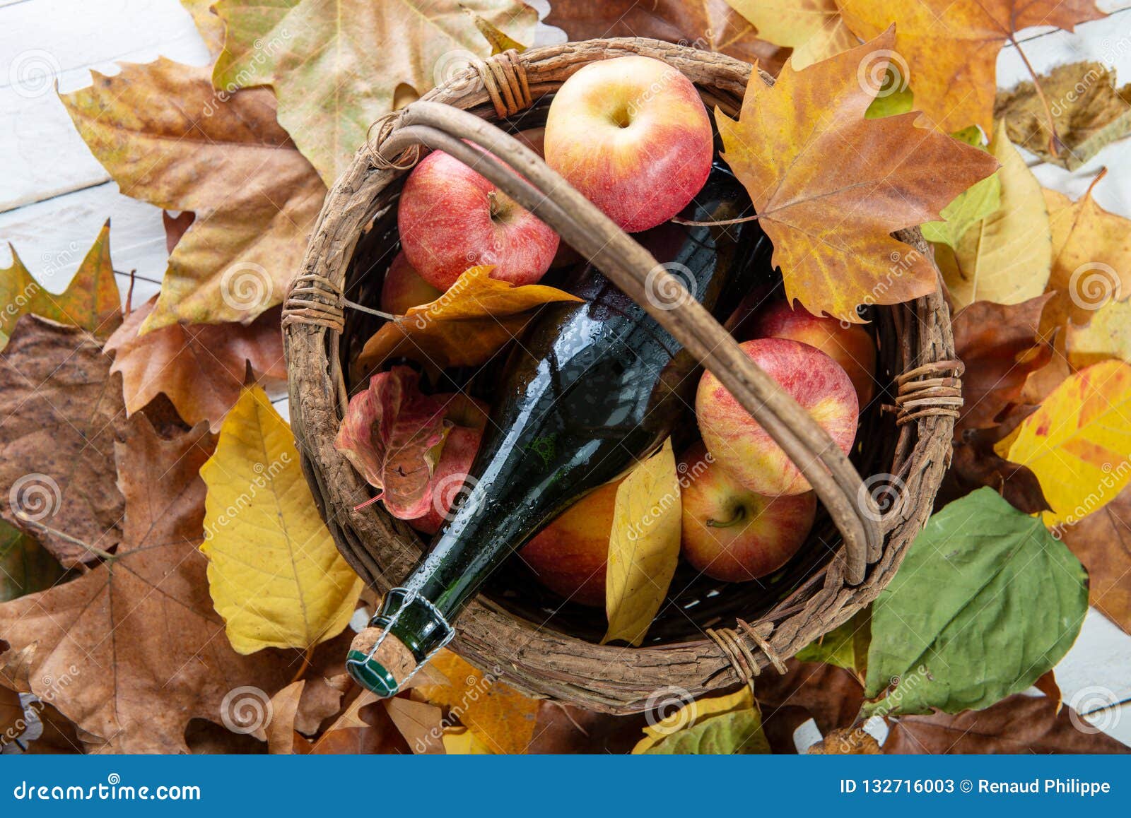 Beautiful Apples and Bottle of Cider, on Autumn Leaves Stock Image ...