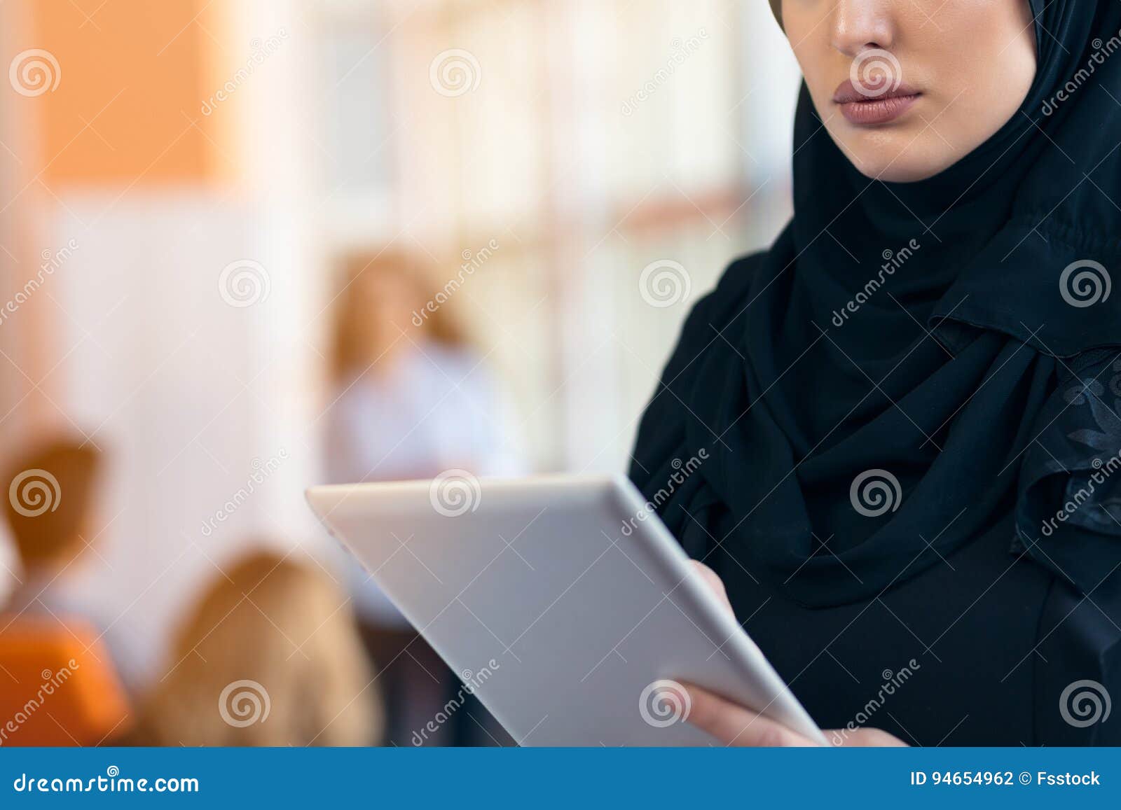 Beautiful Arabian Girl with Tablet Computer Working at Startup Office ...