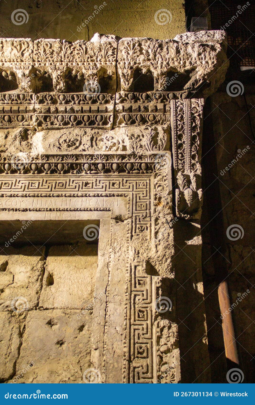 Beautiful Archaeological Inscriptions on a Historical Wall at Night ...