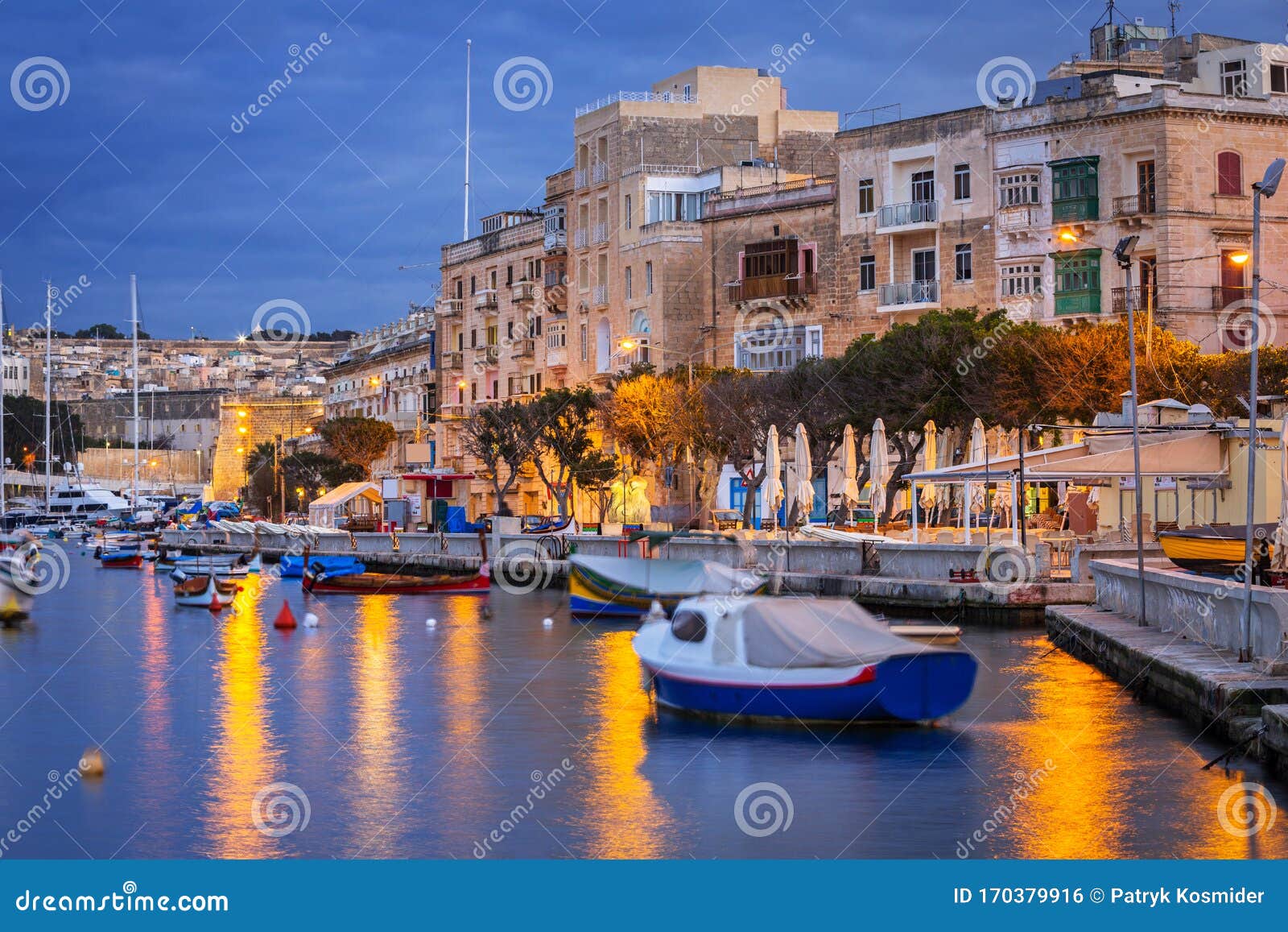 Beautiful Architecture of the Birgu Marina at Dusk, Malta Stock Photo ...
