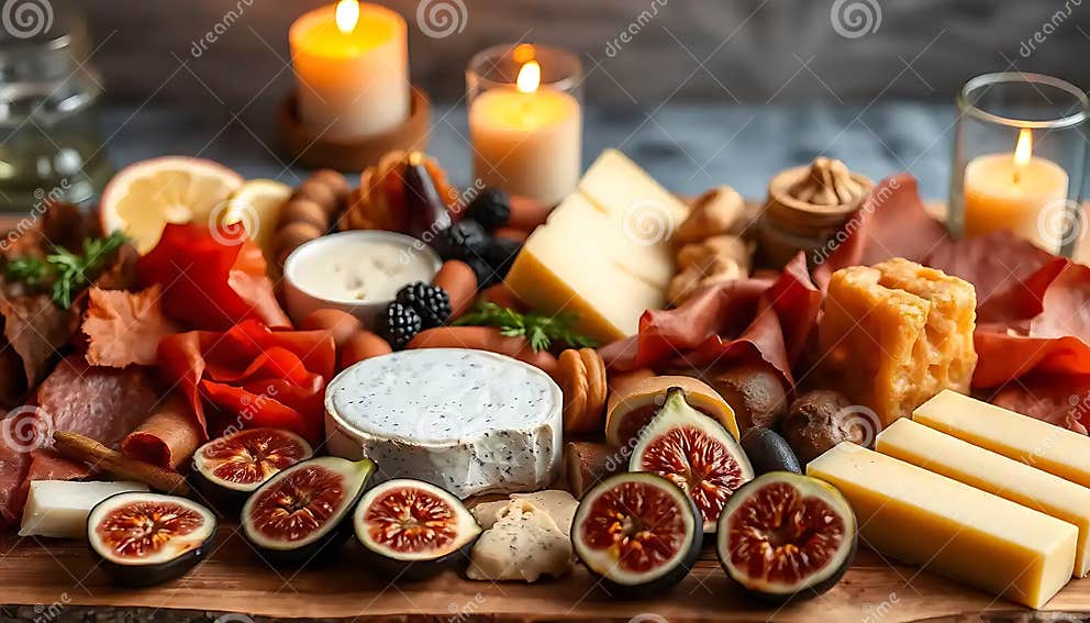 Beautiful Arrangement Featuring an Array of Cheeses Figs and Candles ...