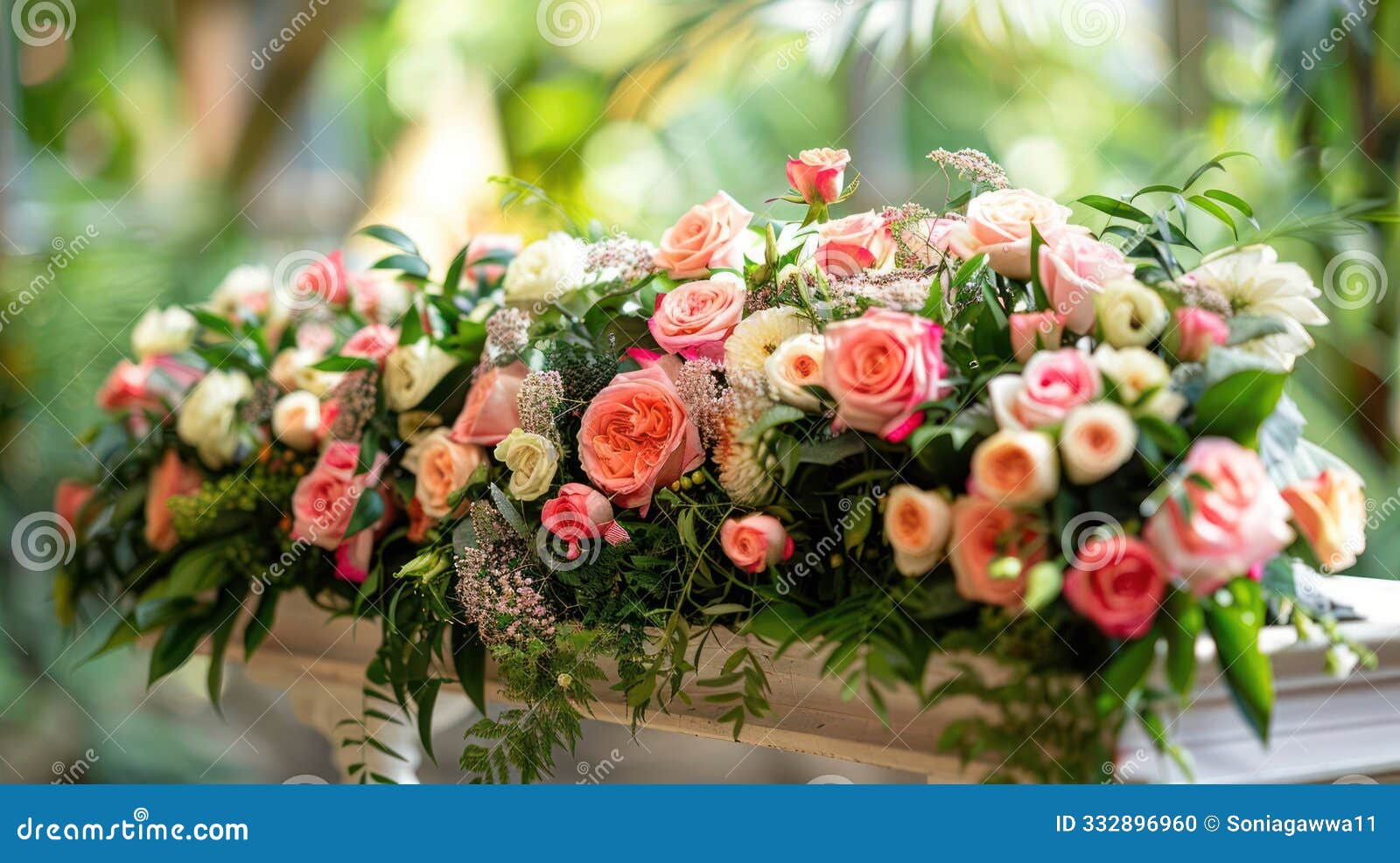 A Beautiful Arrangement of Pink and White Roses with Greenery Stock ...