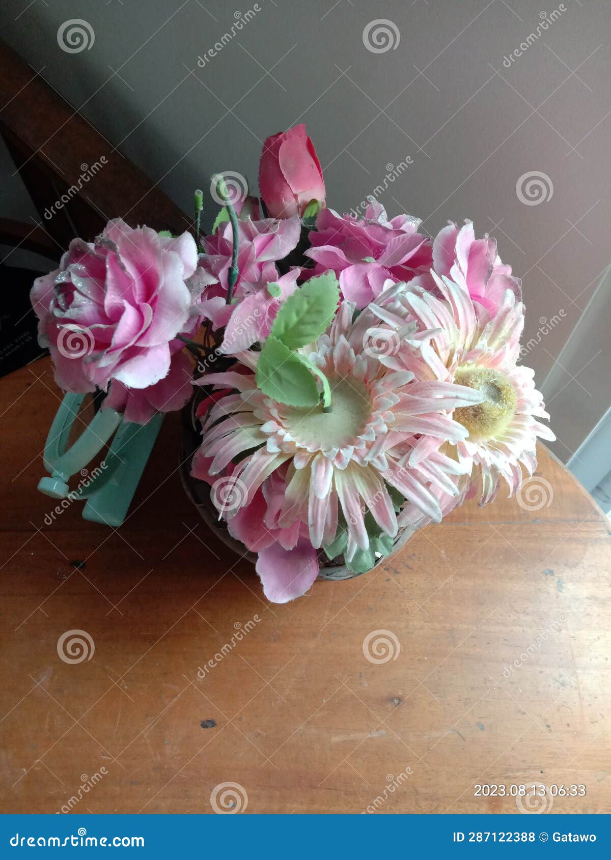 Beautiful Artificial Pink Flowers on Aesthetic Table Stock Photo ...