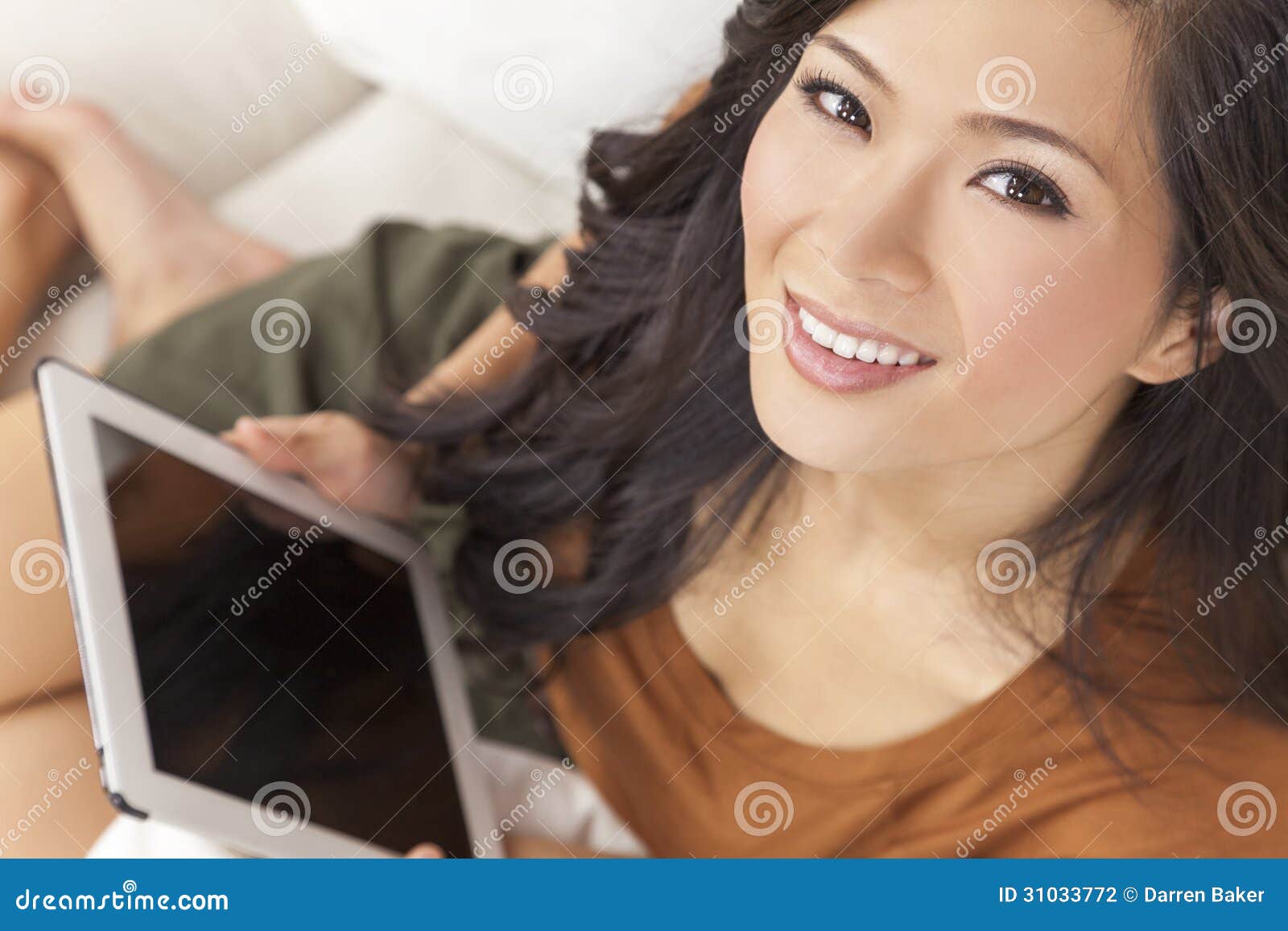Beautiful Asian Chinese Woman on Tablet Computer Stock Photo - Image of ...