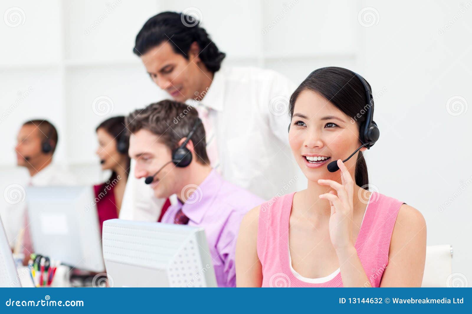 Beautiful Asian Customer Agent and Her Team Stock Photo - Image of male ...