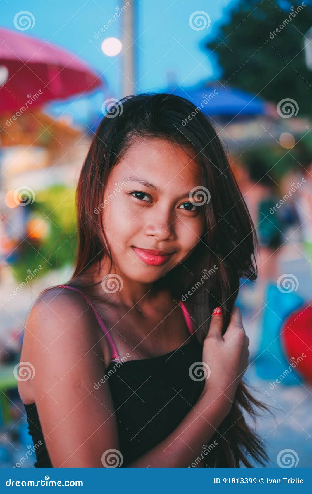 Beautiful Asian Girl Having Vacation Party On The Beach In Asia Stock
