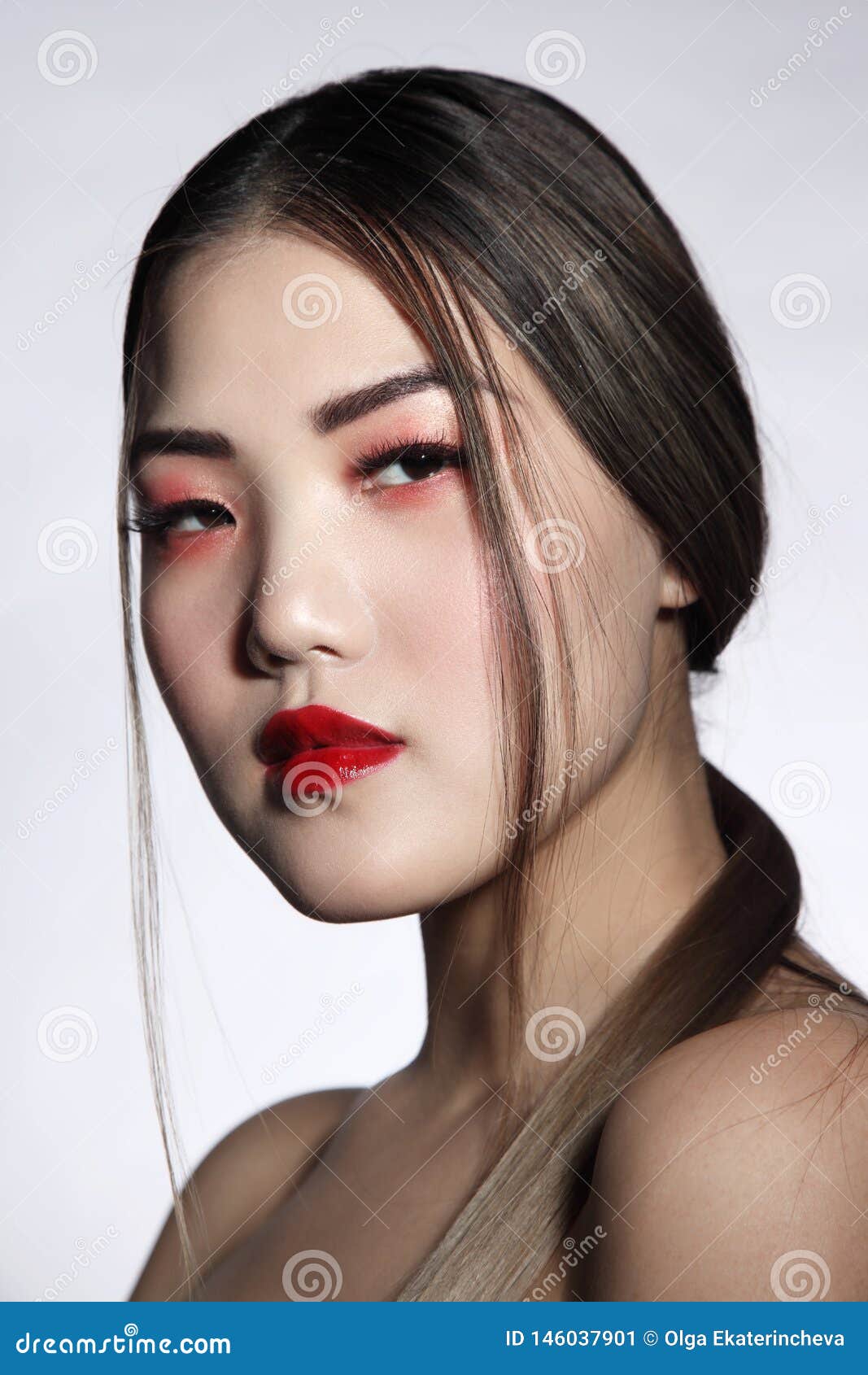 Beautiful Asian Girl With Long Hair And Red Lipstick Stock Image