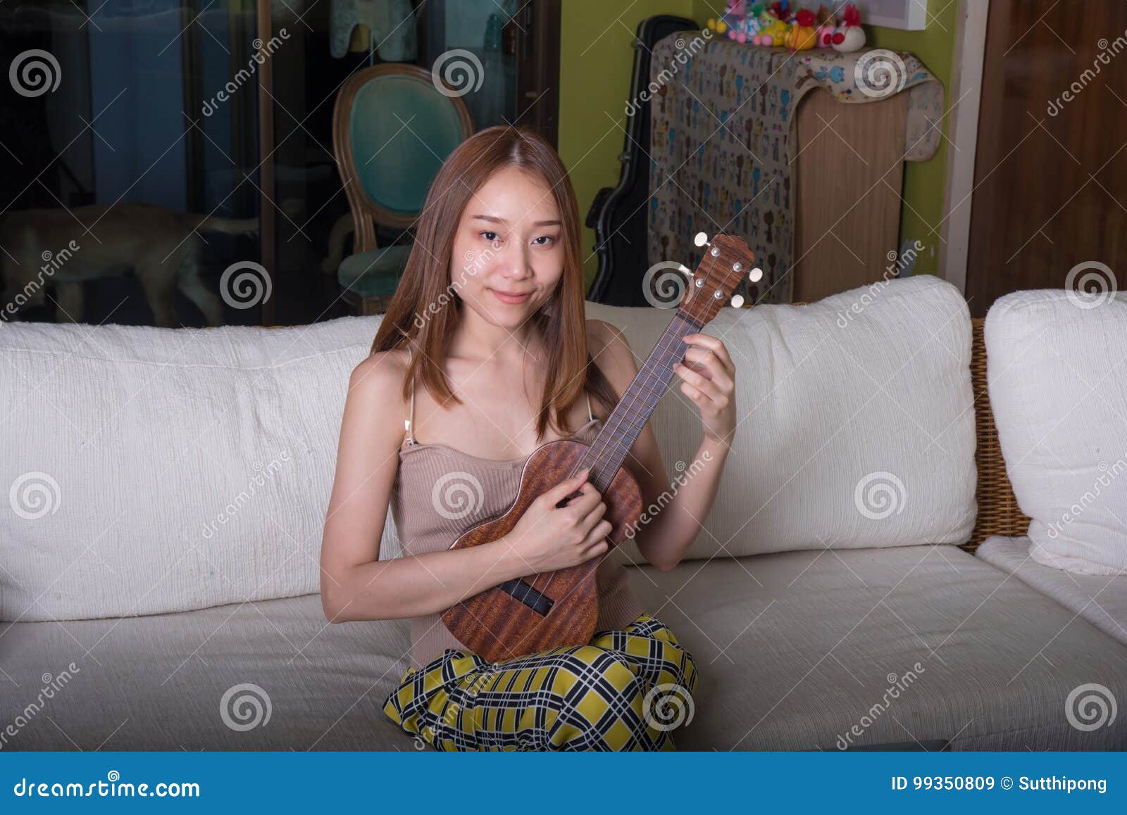 Beautiful Asian Girl Playing Ukulele Stock Image Image Of Happy