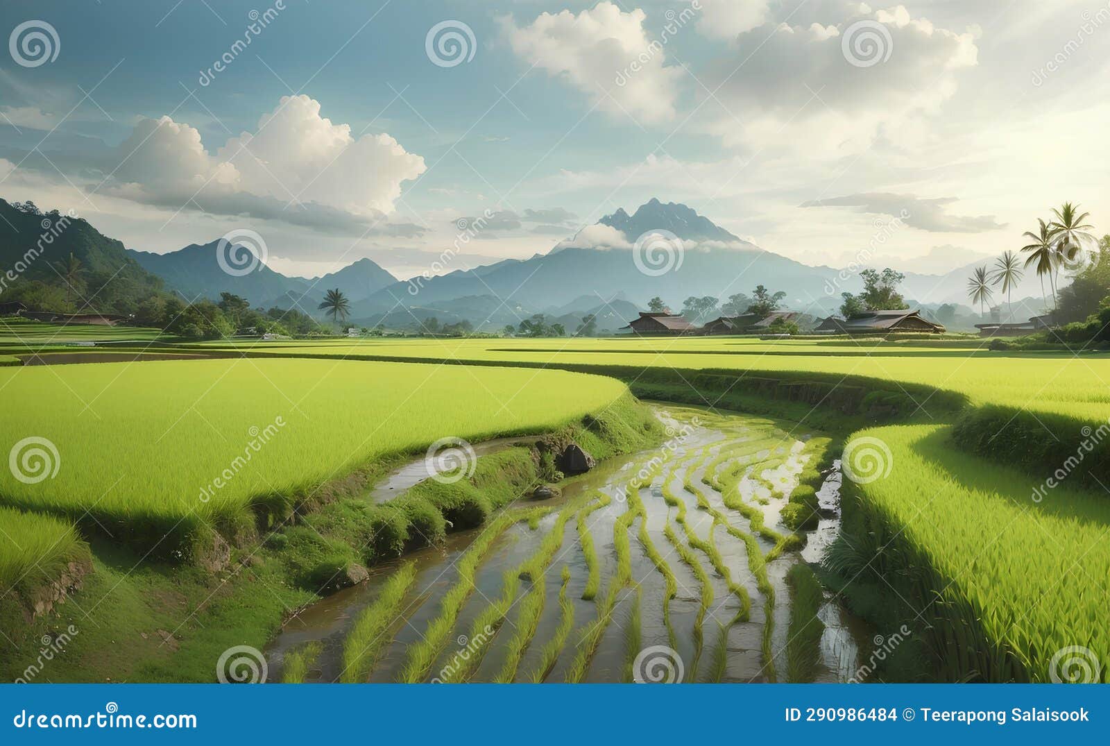 A Beautiful Asian Rice Field with Mountain Background Stock ...