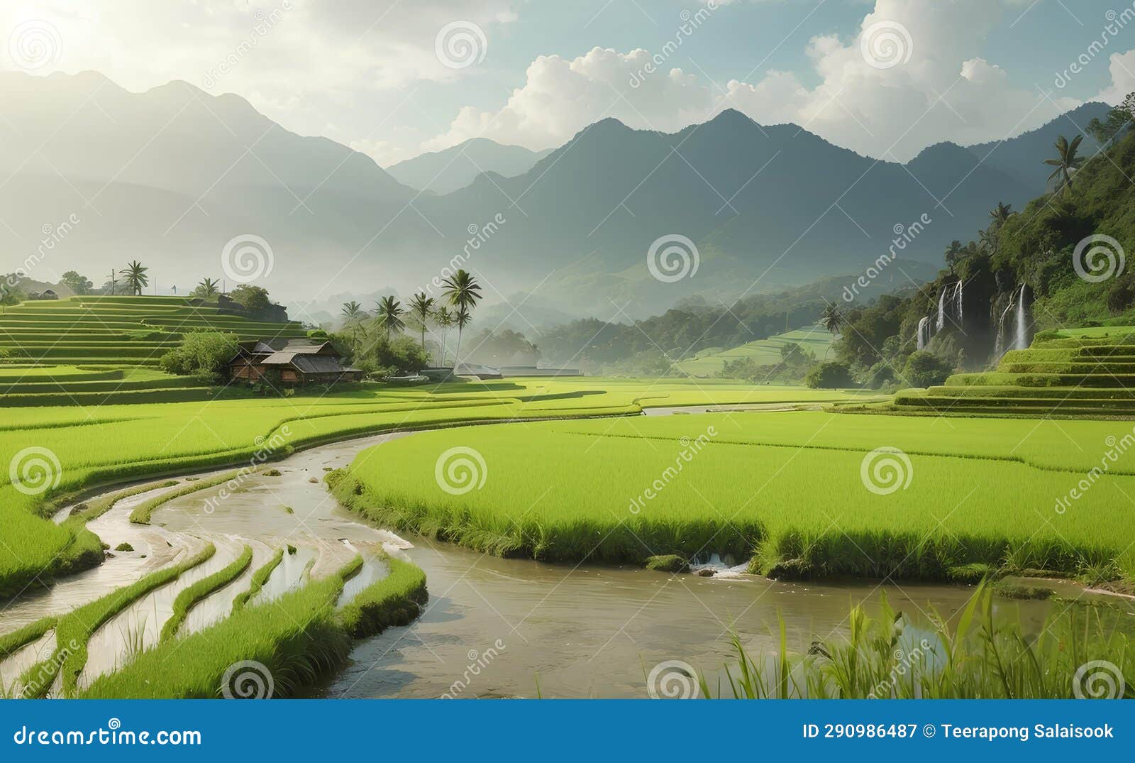 A Beautiful Asian Rice Field with Mountain Background Stock ...