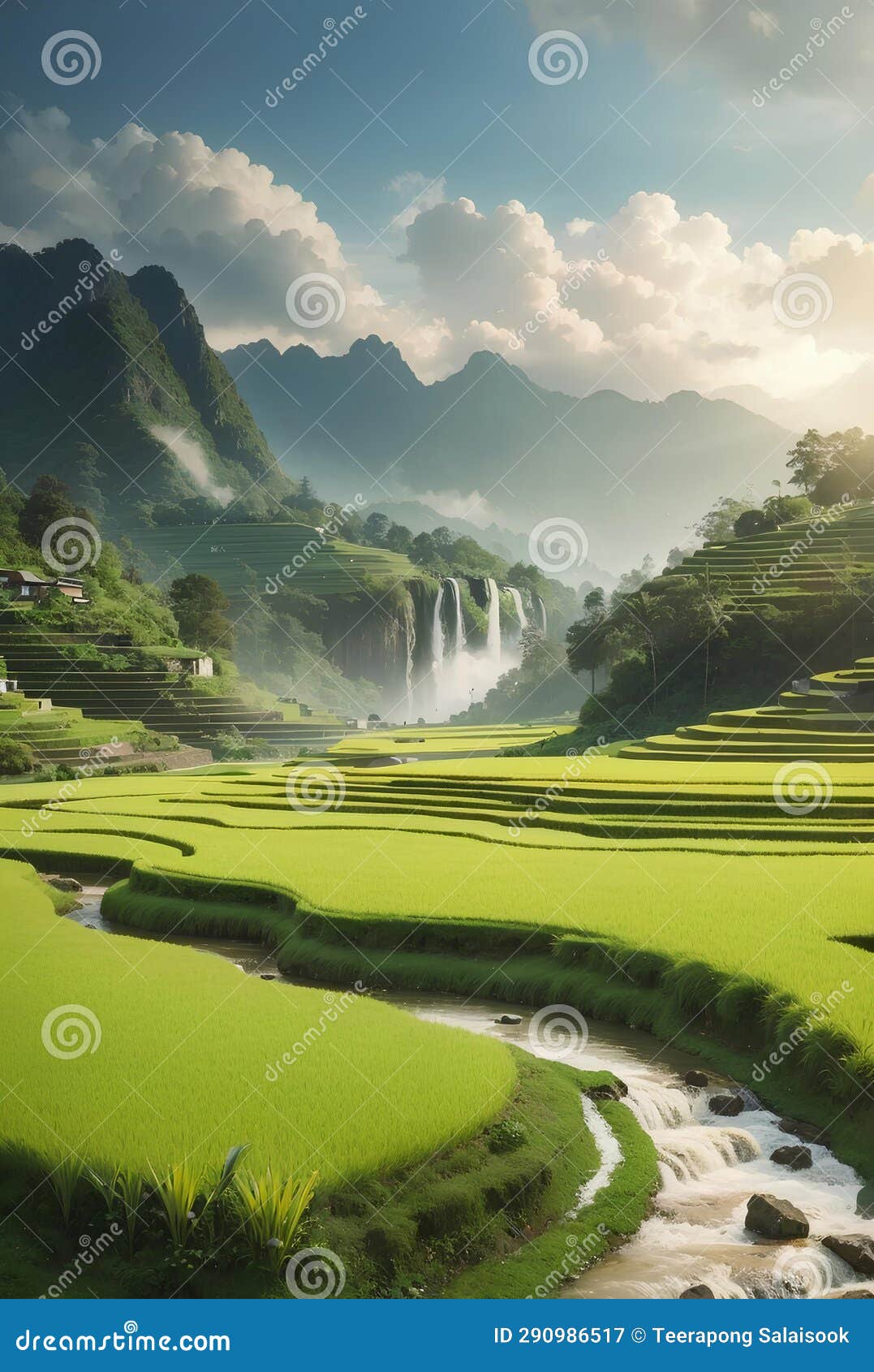 A Beautiful Asian Rice Field with Mountain Background Stock ...