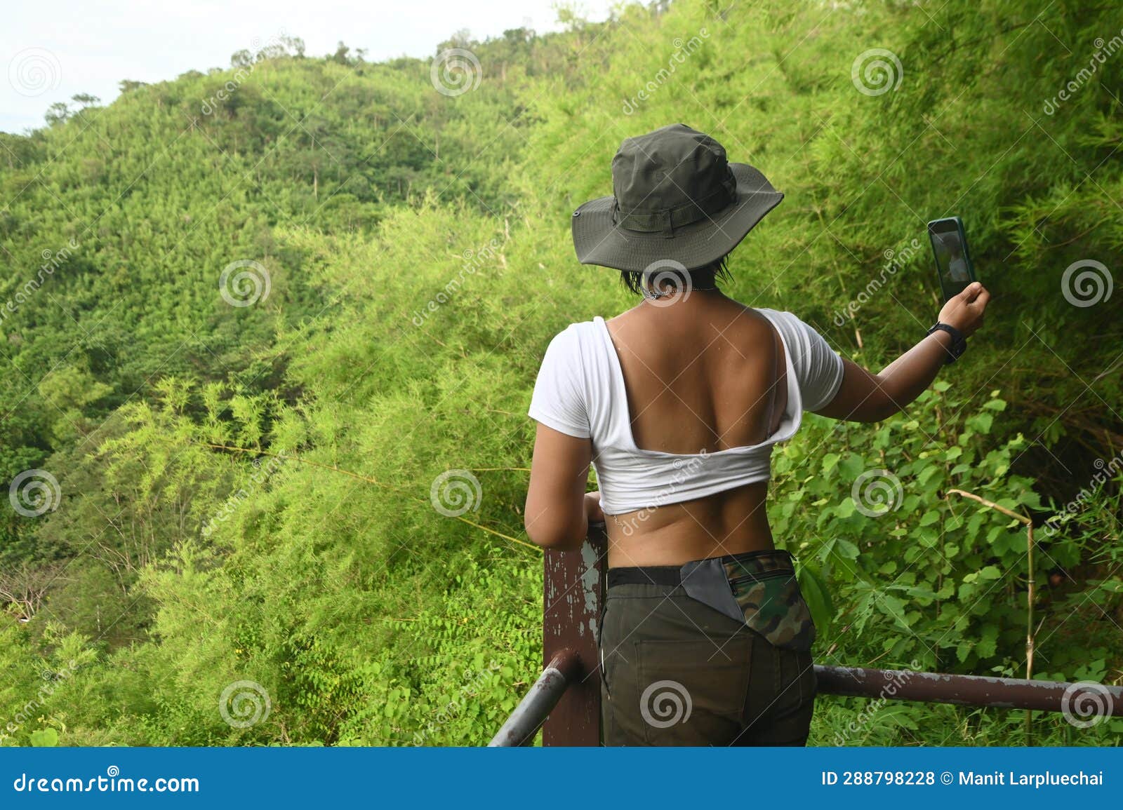 Beautiful Asian Tourist Woman Taking Selfie With Mobile Phone Stock
