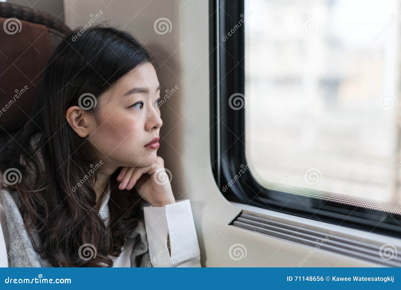 Beautiful Asian Woman Looking Out of Train Window, with Copy Space ...