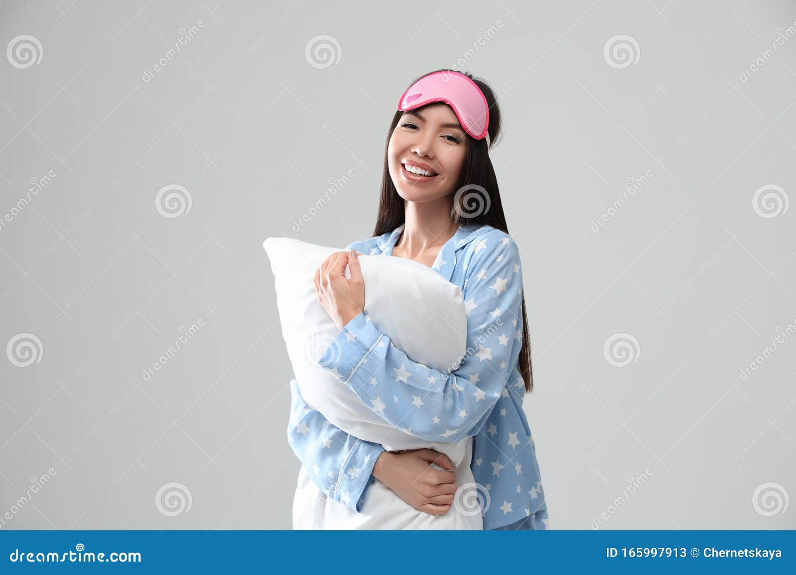 Beautiful Asian Woman With Pillow On Grey Background Bedtime Stock