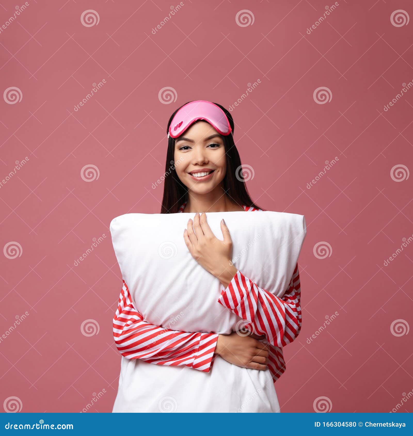 Beautiful Asian Woman With Pillow On Rose Background Bedtime Stock