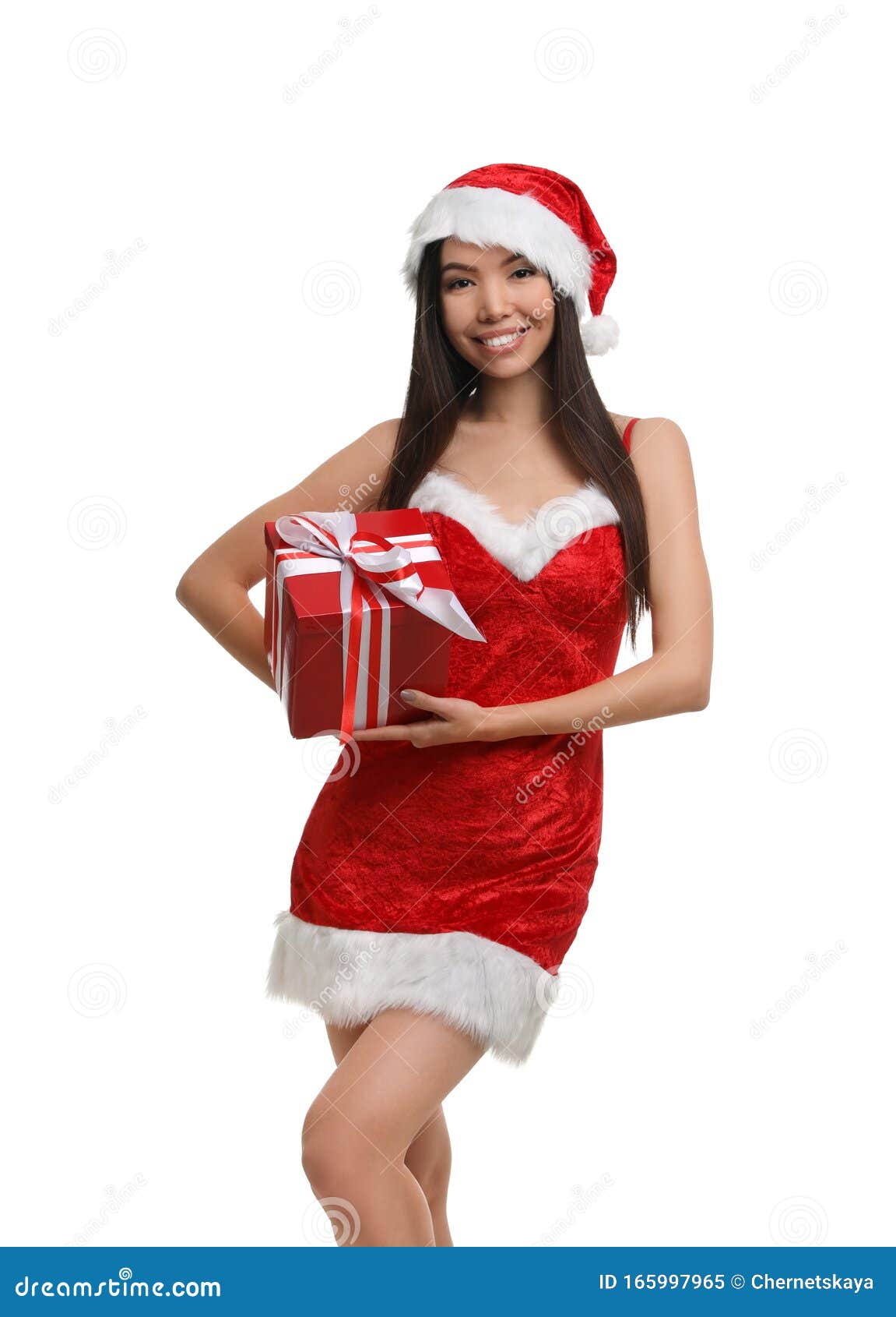 Beautiful Asian Woman In Santa Costume With Christmas T On