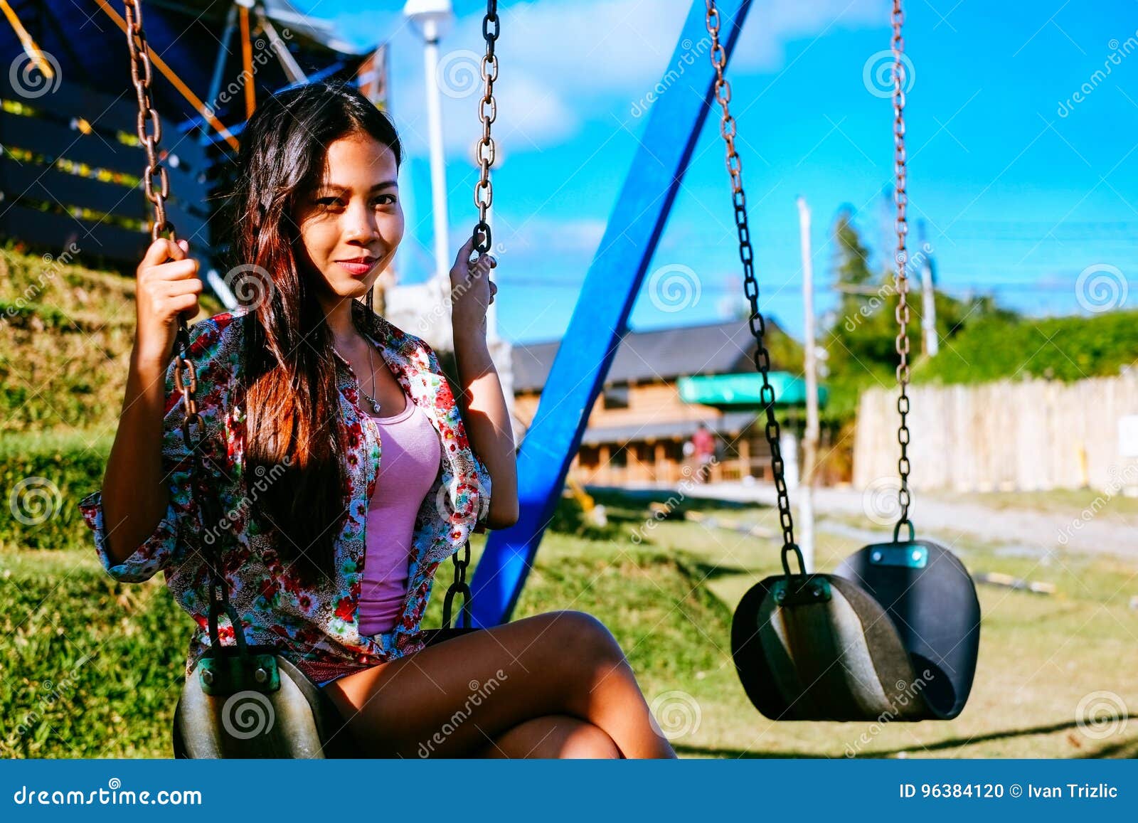 Beautiful Asian Woman Swinging on Swing Stock Photo - Image of ...