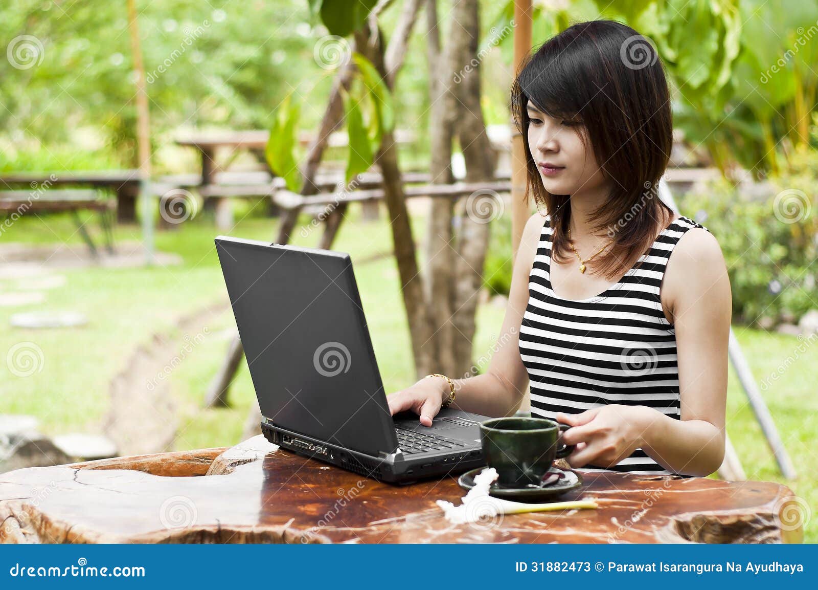 Beautiful Asian Woman Using Computer Notebook. Stock Image - Image of ...