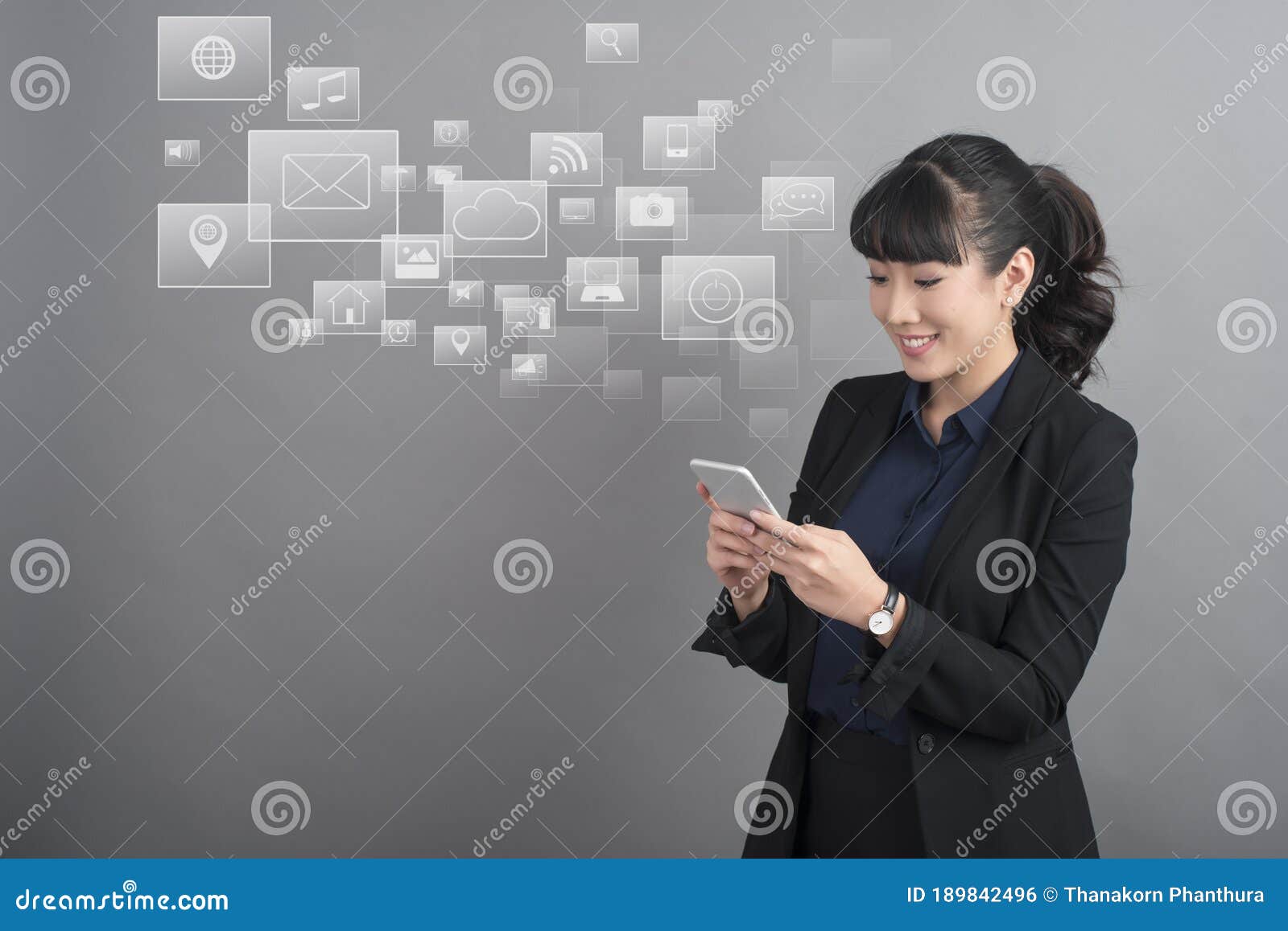 Beautiful Asian Women Using Smart Phone with Multimedia Icon ...