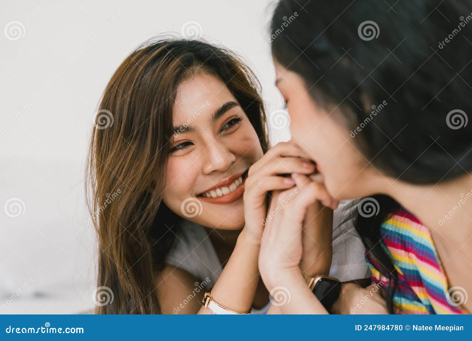 Beautiful Asian Young Lesbian Lgbtq Couple Or Friends Using Computer