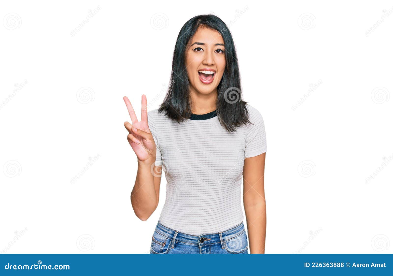 Beautiful Asian Young Woman Wearing Casual White T Shirt Smiling With