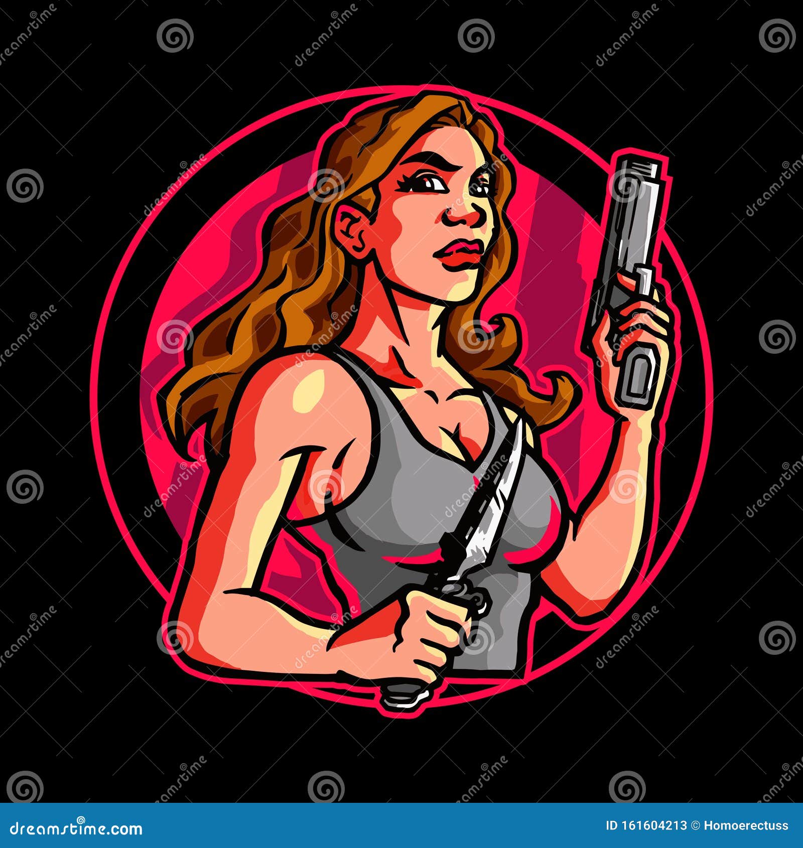 Beautiful Assassin Secret Agent Posing With Guns In Both Hands Cartoon ...
