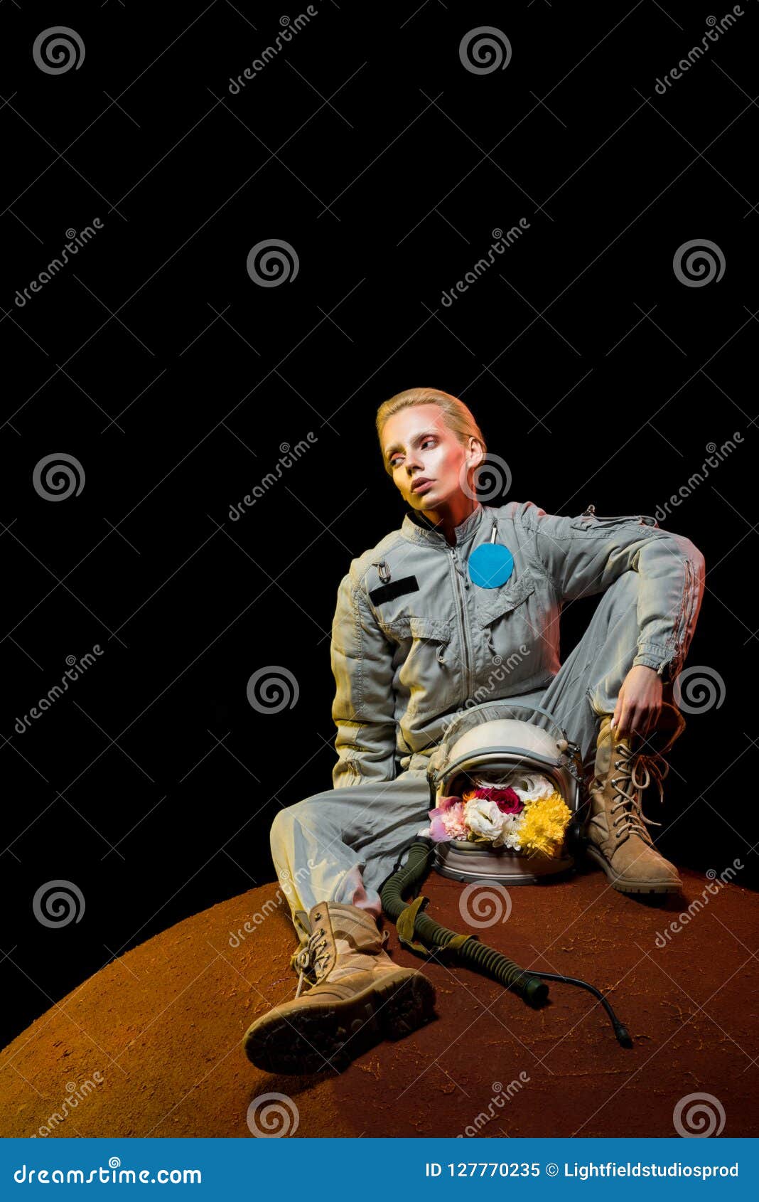 Beautiful Astronaut in Spacesuit with Flowers in Helmet Sitting Stock ... Beautiful Astronaut in Spacesuit with Flowers in Helmet Sitting Stock ...