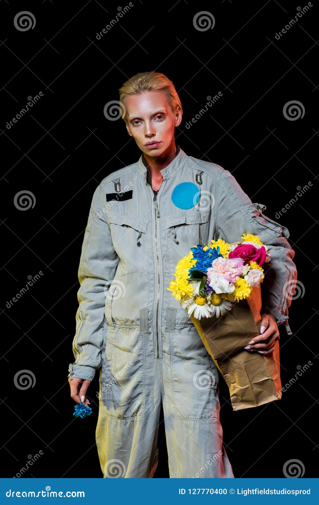 Beautiful Astronaut in Spacesuit with Flowers in Paper Bag Stock Photo ... Beautiful Astronaut in Spacesuit with Flowers in Paper Bag Stock Photo ...